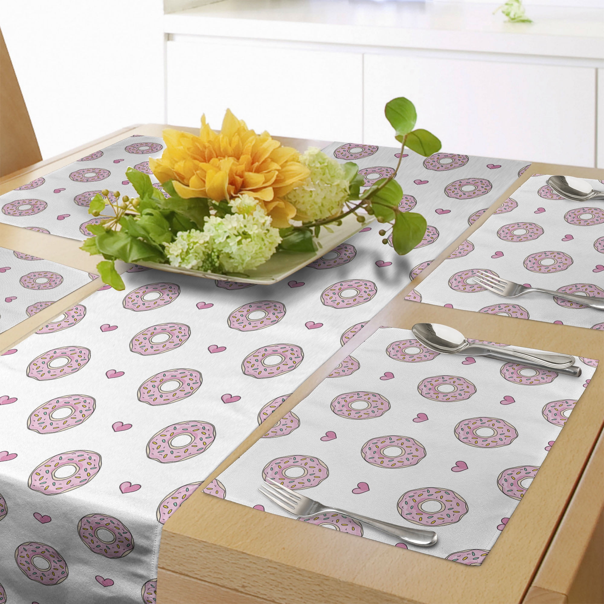 Ambesonne Donut Table Runner & Placemats, Sprinkles on Sweets Hearts ...