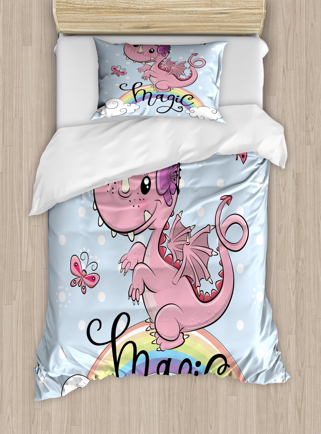 Ambesonne Dragon Duvet Cover Sets, Magic Dragon on a Rainbow, 2-Twin ...