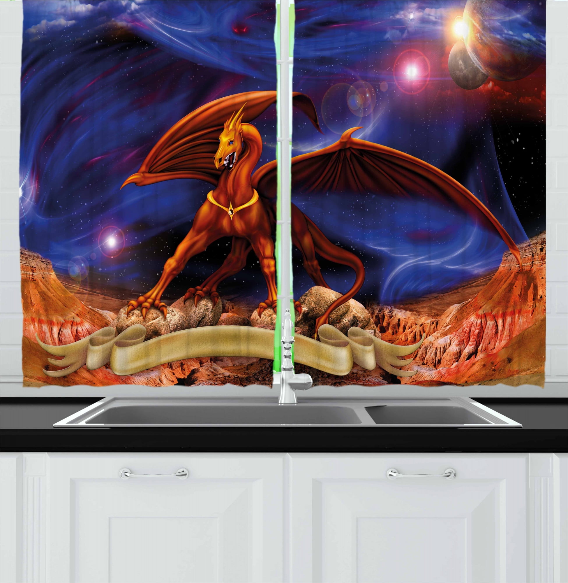 Ambesonne Dragon Kitchen Curtains, Dragon Knight Cosmos, 55"x45", Blue ...