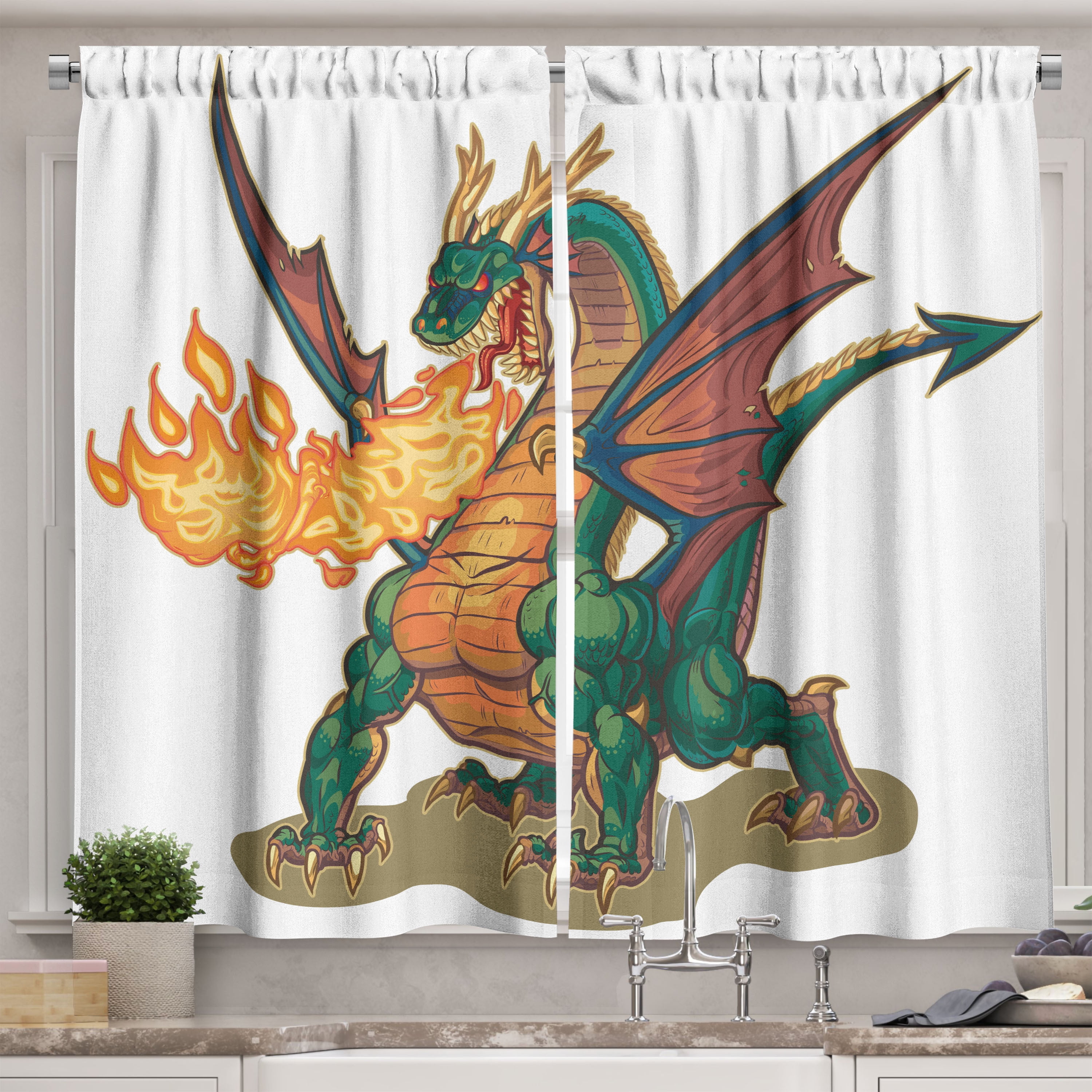 Ambesonne Dragon Kitchen Curtains, Mythical Monster Mascot, 55"x39 ...