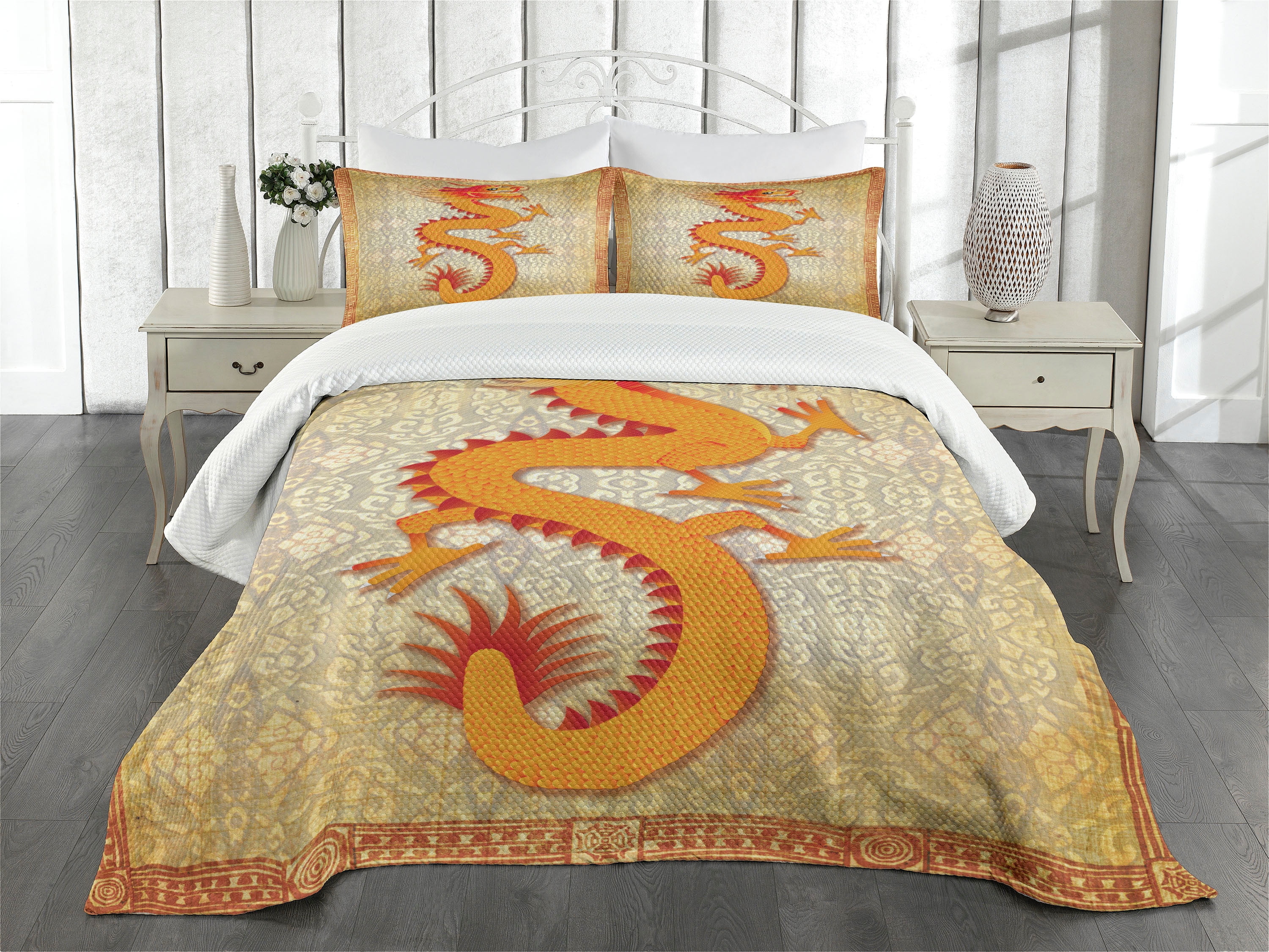 Ambesonne Dragon Quilted Bedspread Set 3 Pcs, Chinese Folk Elements ...