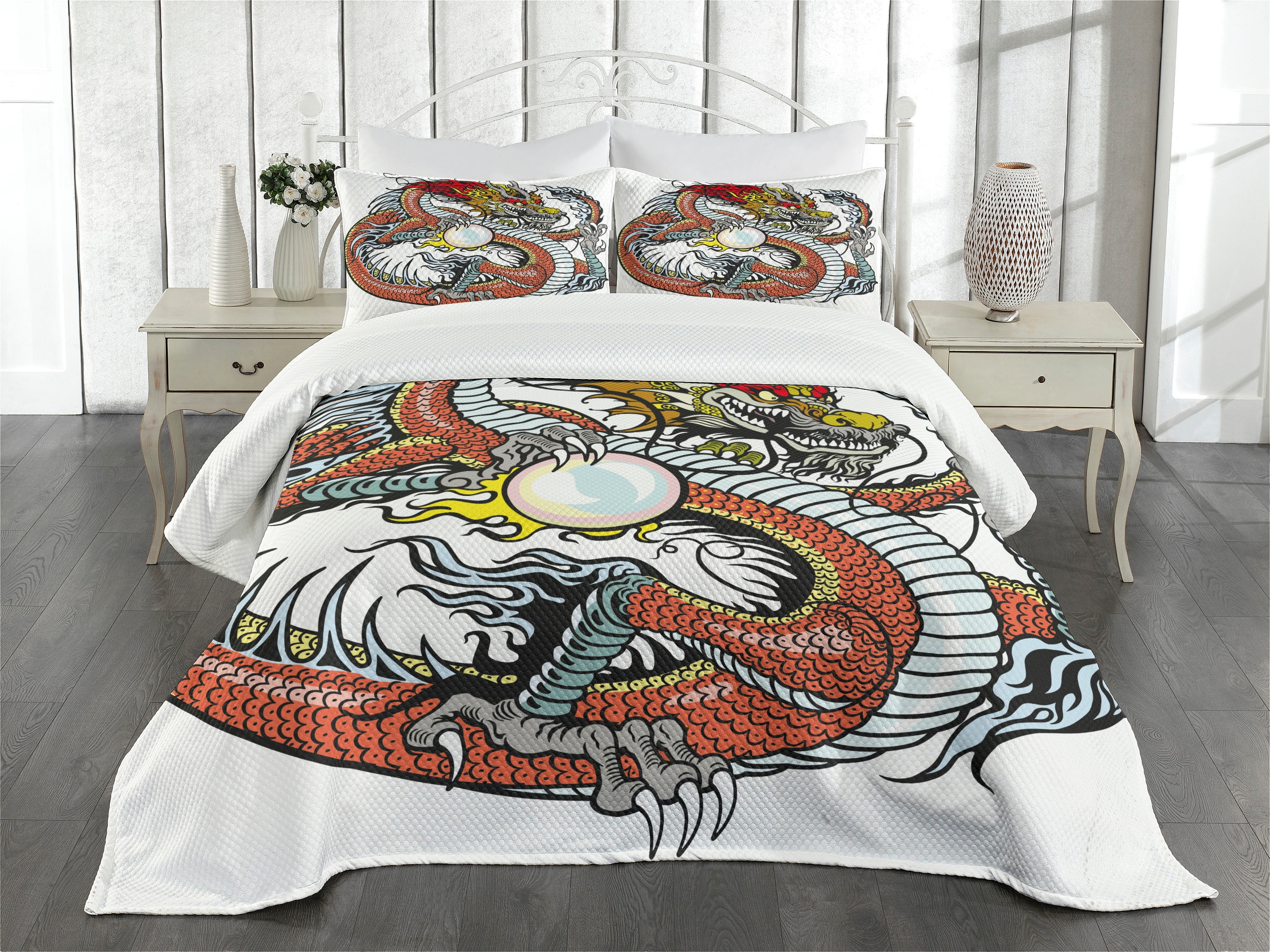 Ambesonne Dragon Quilted Bedspread Set 3 Pcs, Chinese Zodiac Signs ...