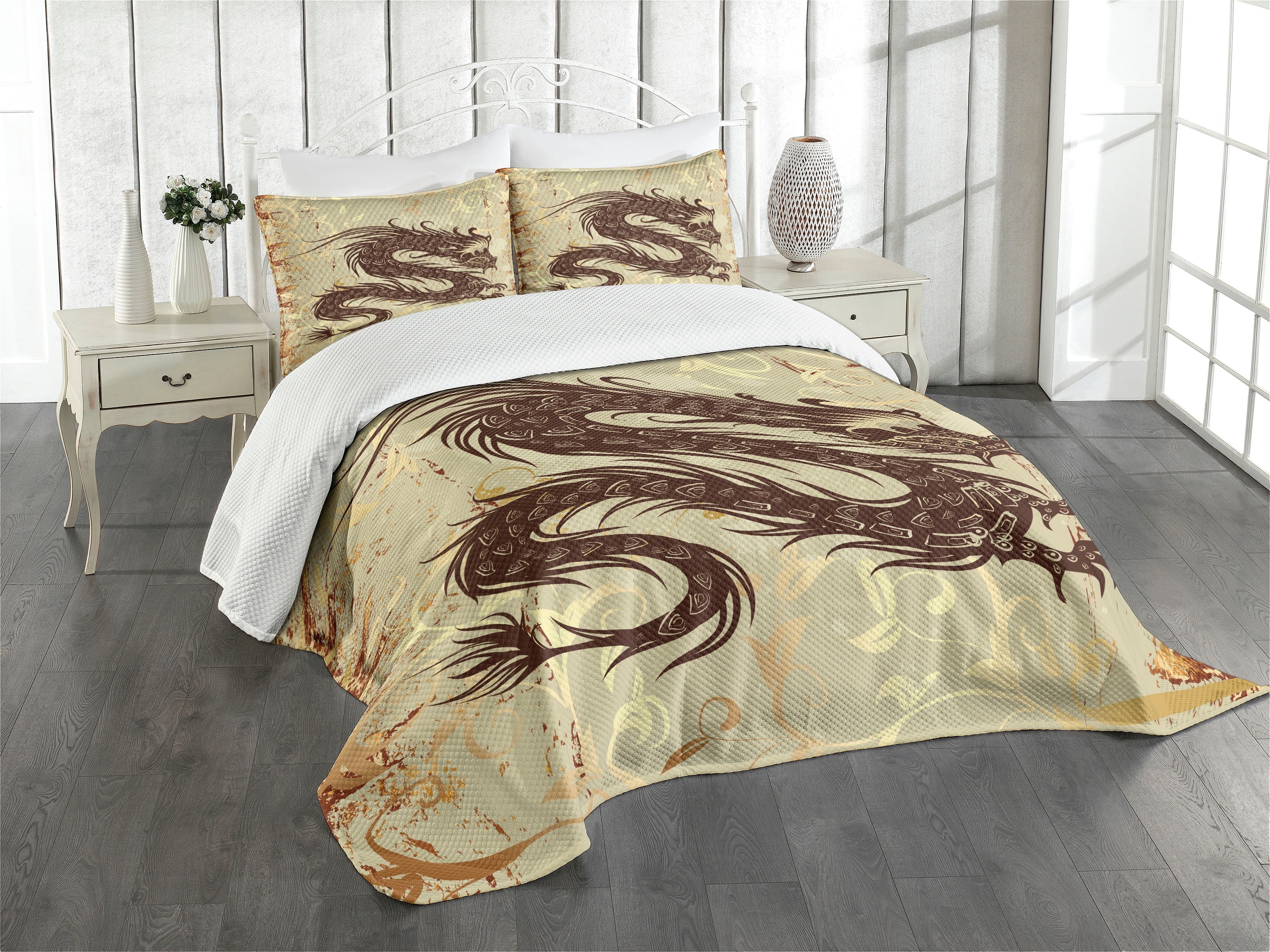 Ambesonne Dragon Quilted Bedspread Set 3 Pcs, Grungy Mythical Monster ...