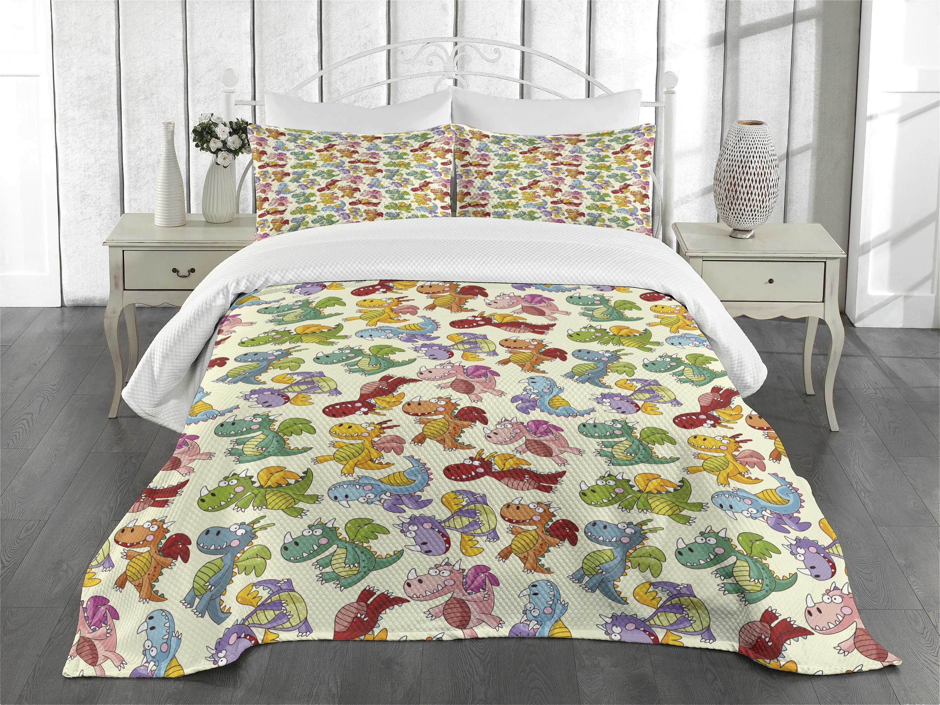 Ambesonne Dragon Quilted Bedspread Set 3 Pcs, Silly Dragons Art, Queen ...