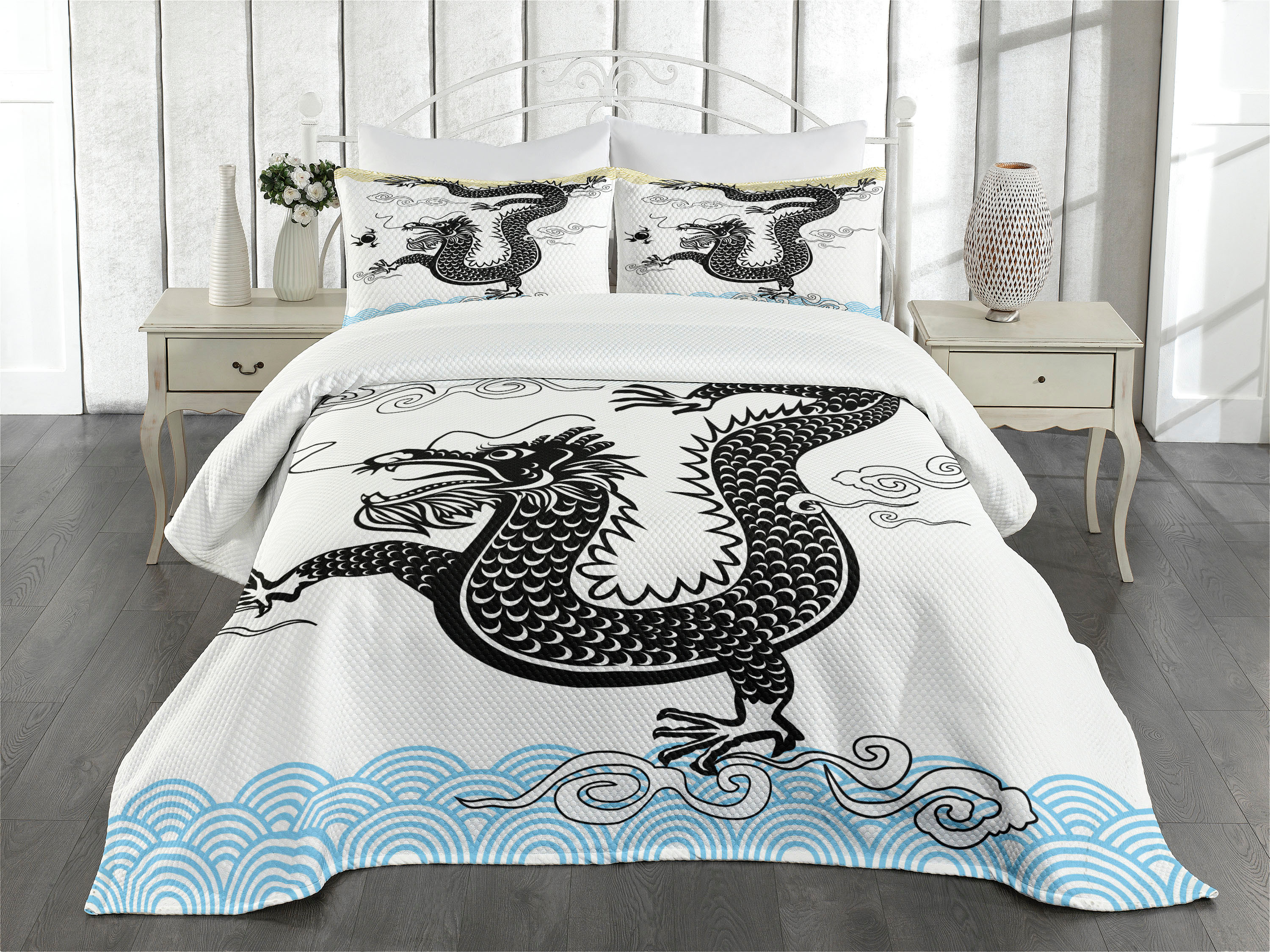 Ambesonne Dragon Quilted Bedspread Set 3 Pcs, Traditional Chinese Sea ...