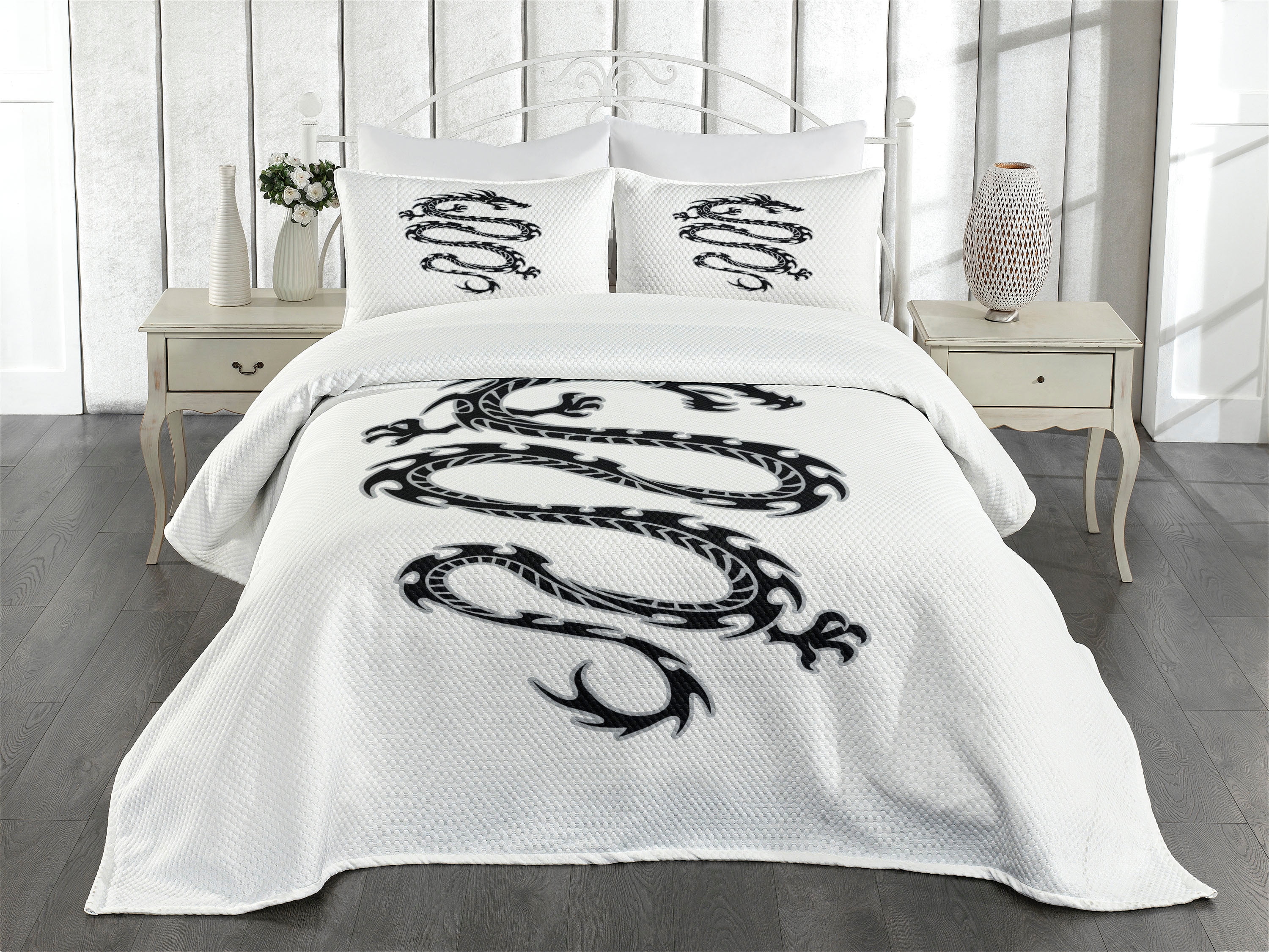 Ambesonne Dragon Quilted Bedspread Set 3 Pcs, Tribal Medieval, Queen ...
