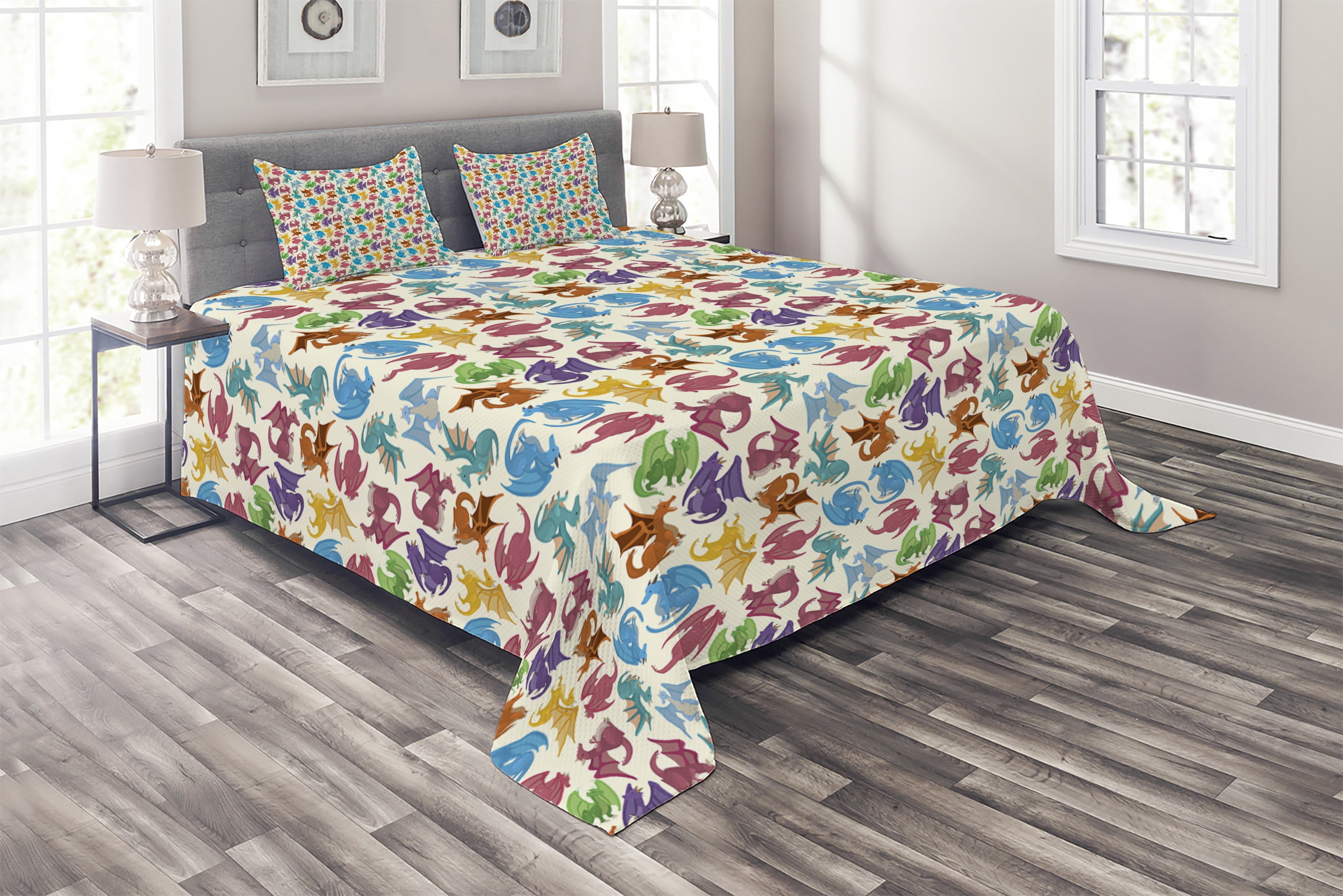 Ambesonne Dragon Quilted Coverlet 3 Pcs, Pattern Colored, Queen Size ...