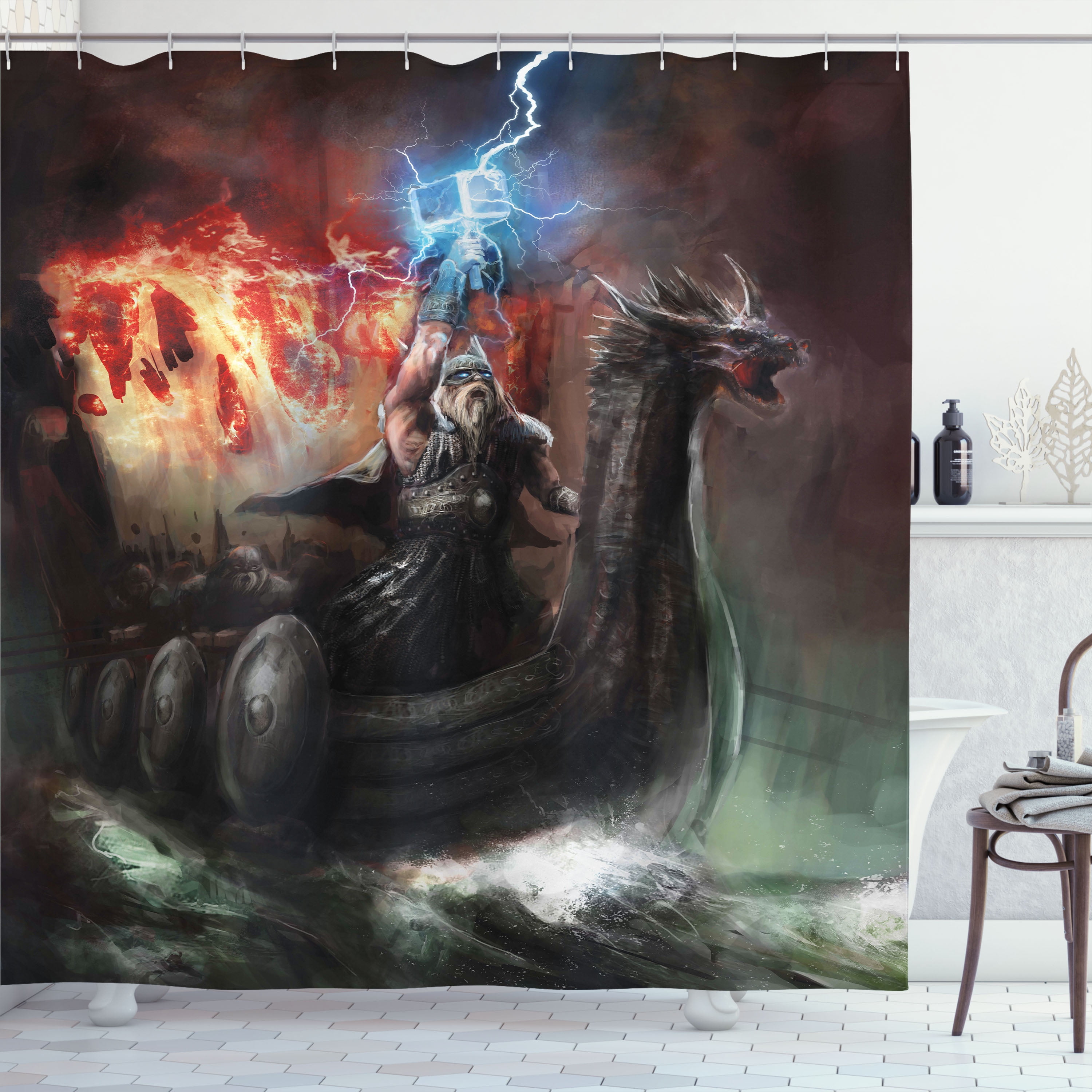 Ambesonne Dragon Shower Curtain, Vikings Boat Stormy Sea, 69"Wx70"L ...