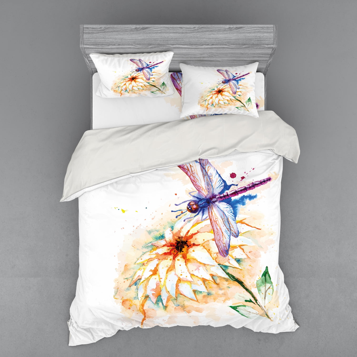 Ambesonne Dragonfly Bedding Set 4 Pcs, Watercolor Lily Bloom, Queen ...