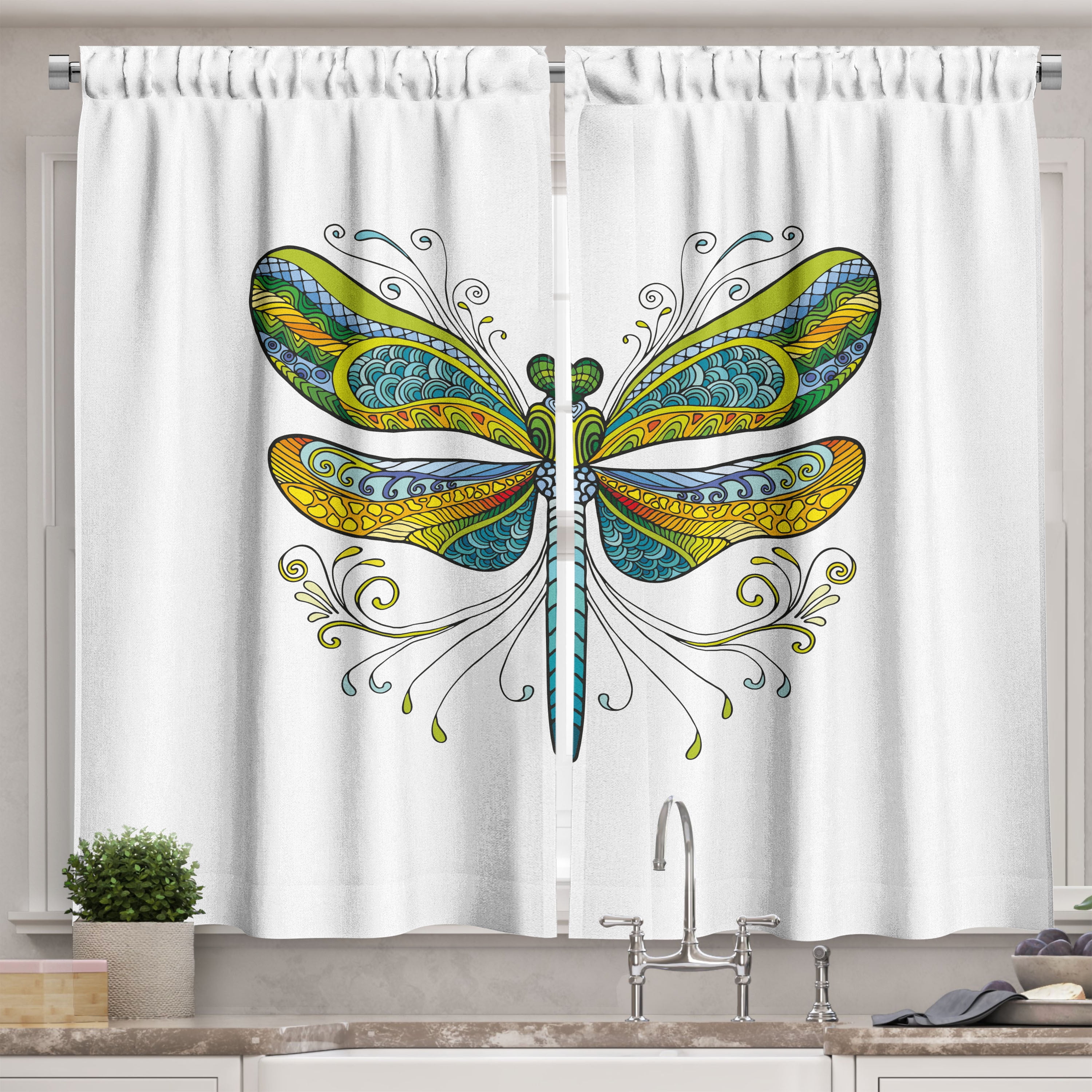 Ambesonne Dragonfly Kitchen Curtains, Colorful Zentangle Wings, 55"x45 ...