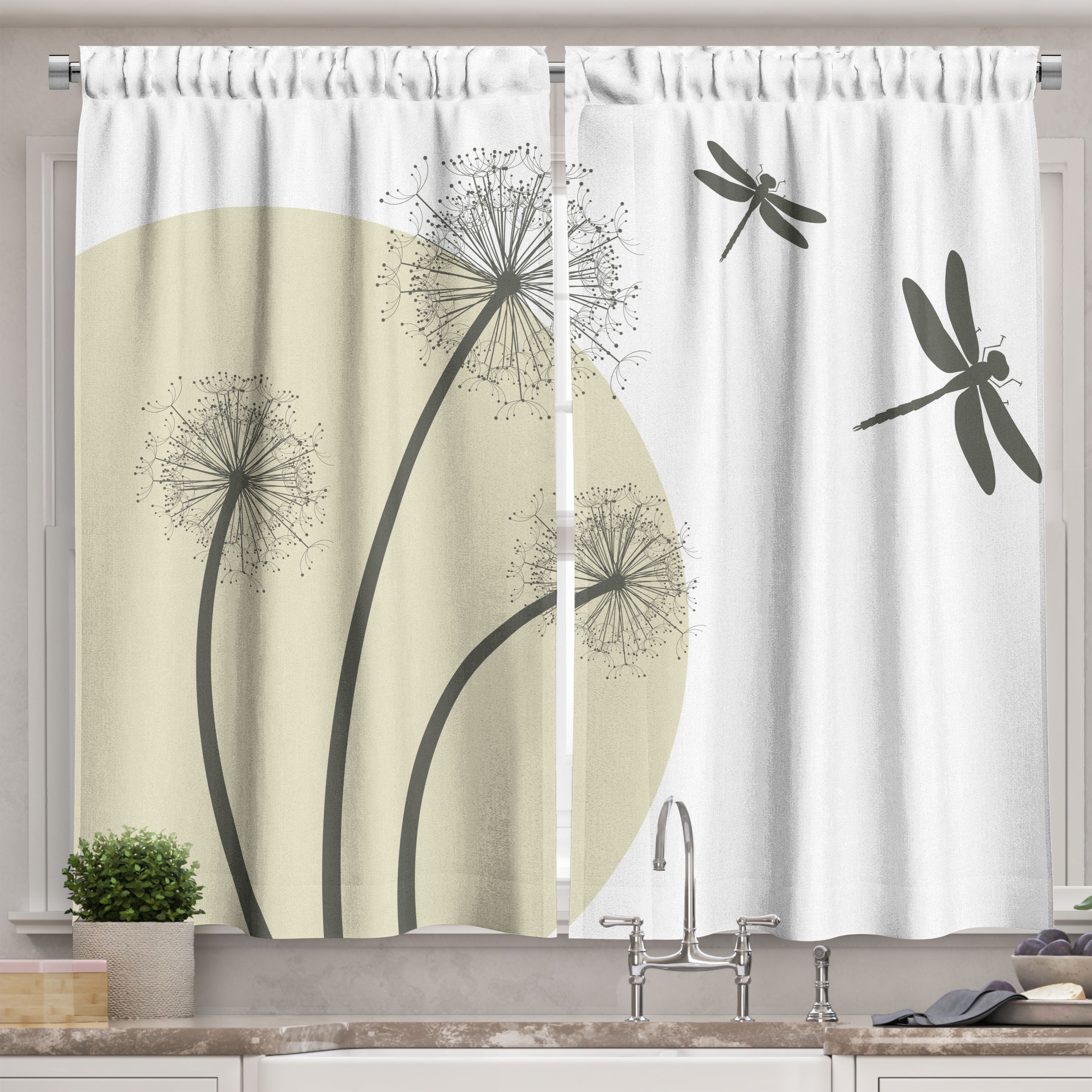 Ambesonne Dragonfly Kitchen Curtains, Dandelions Spring Art, 55"x39 ...