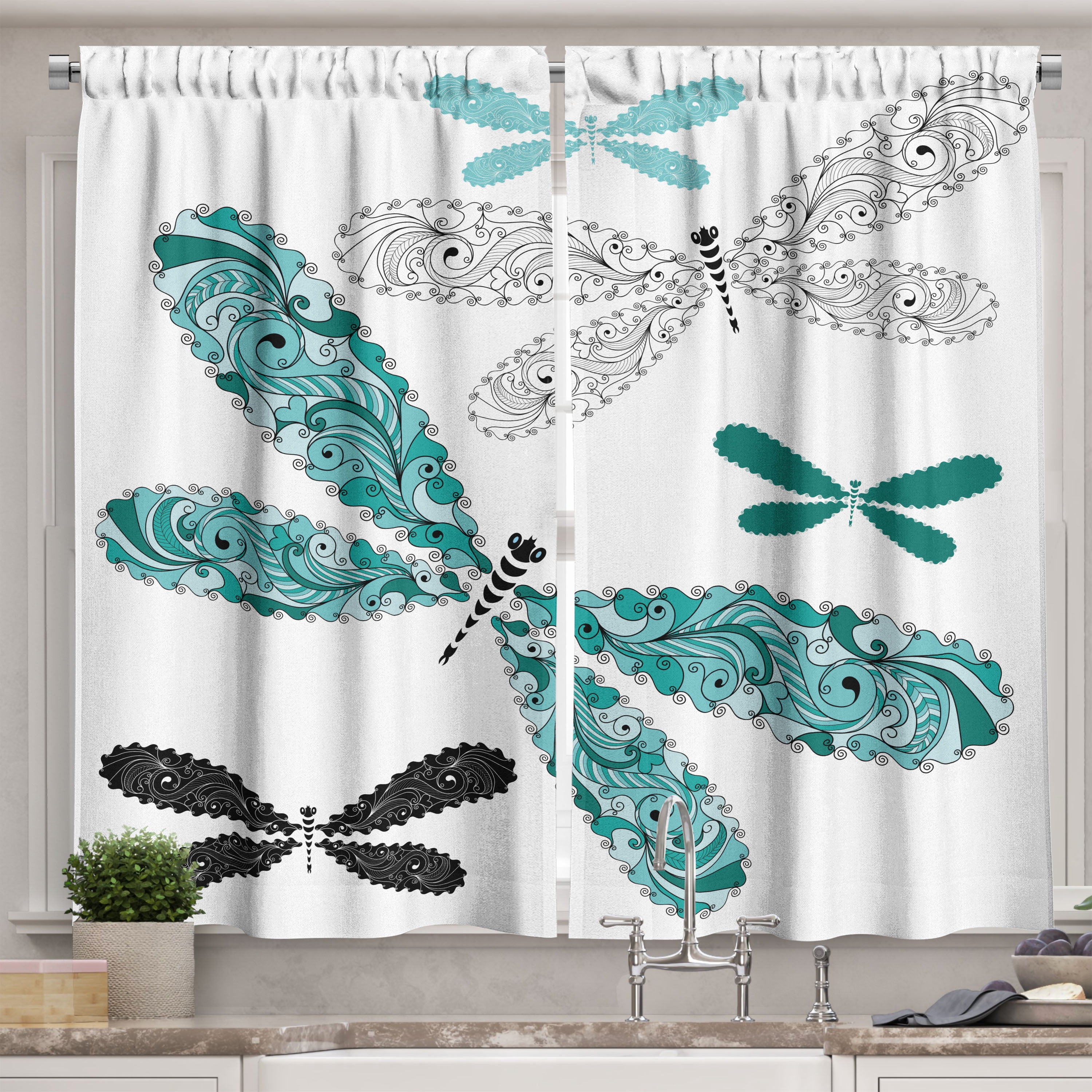 Ambesonne Dragonfly Kitchen Curtains, Ornate Damask, 55"x39", Teal ...