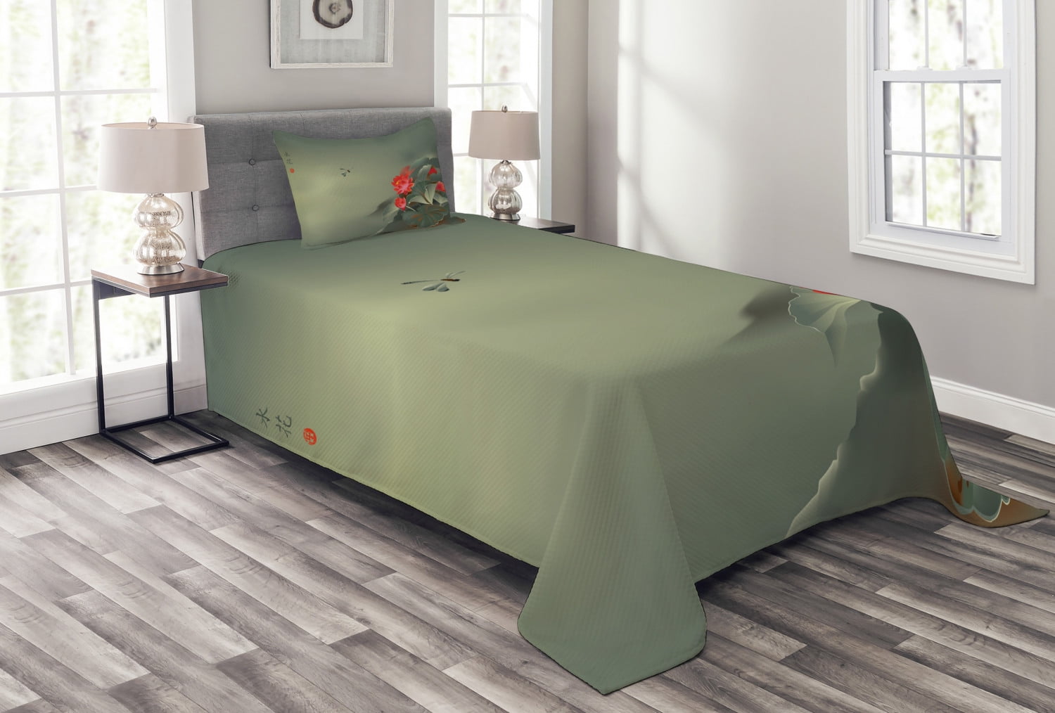 Ambesonne Dragonfly Quilted Bedspread Set 2 Pcs, Lotus Blooms Tones ...