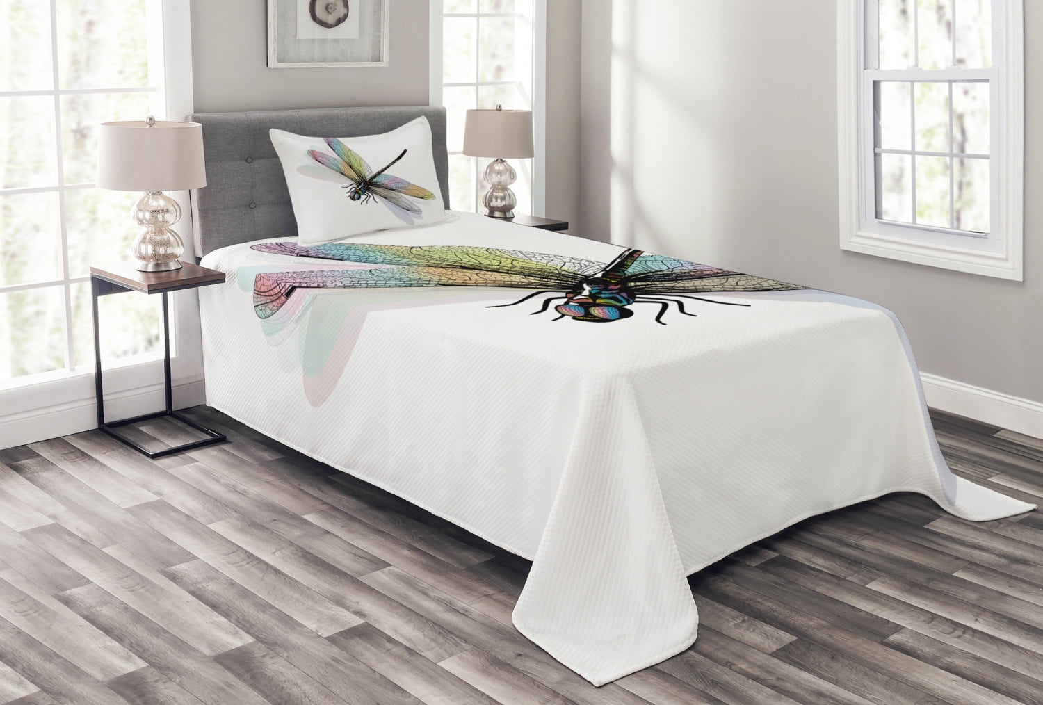 Ambesonne Dragonfly Quilted Bedspread Set 2 Pcs, Shady Ornate Pattern ...