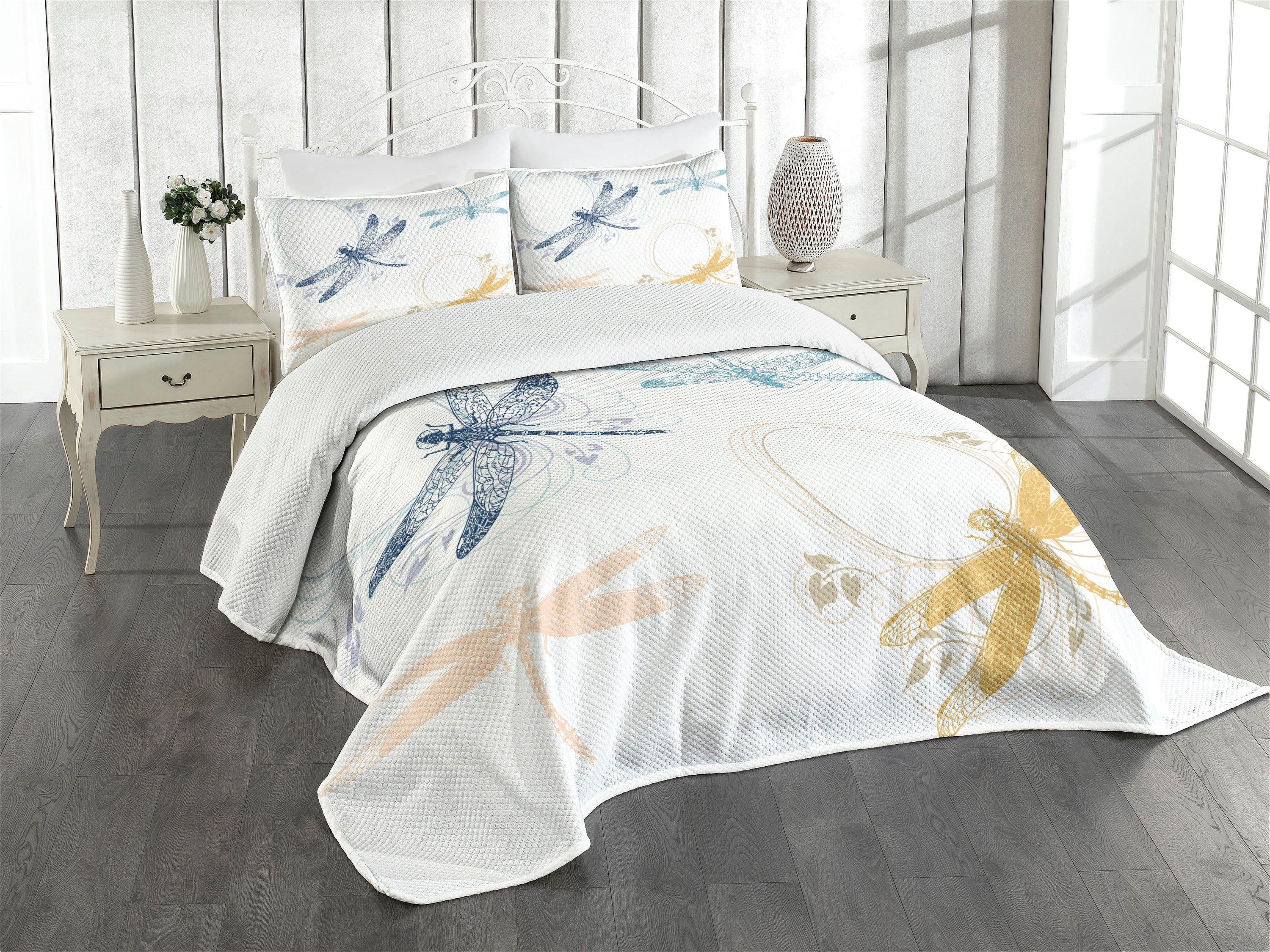 Ambesonne Dragonfly Quilted Bedspread Set 3 Pcs, Floral Spring Season ...