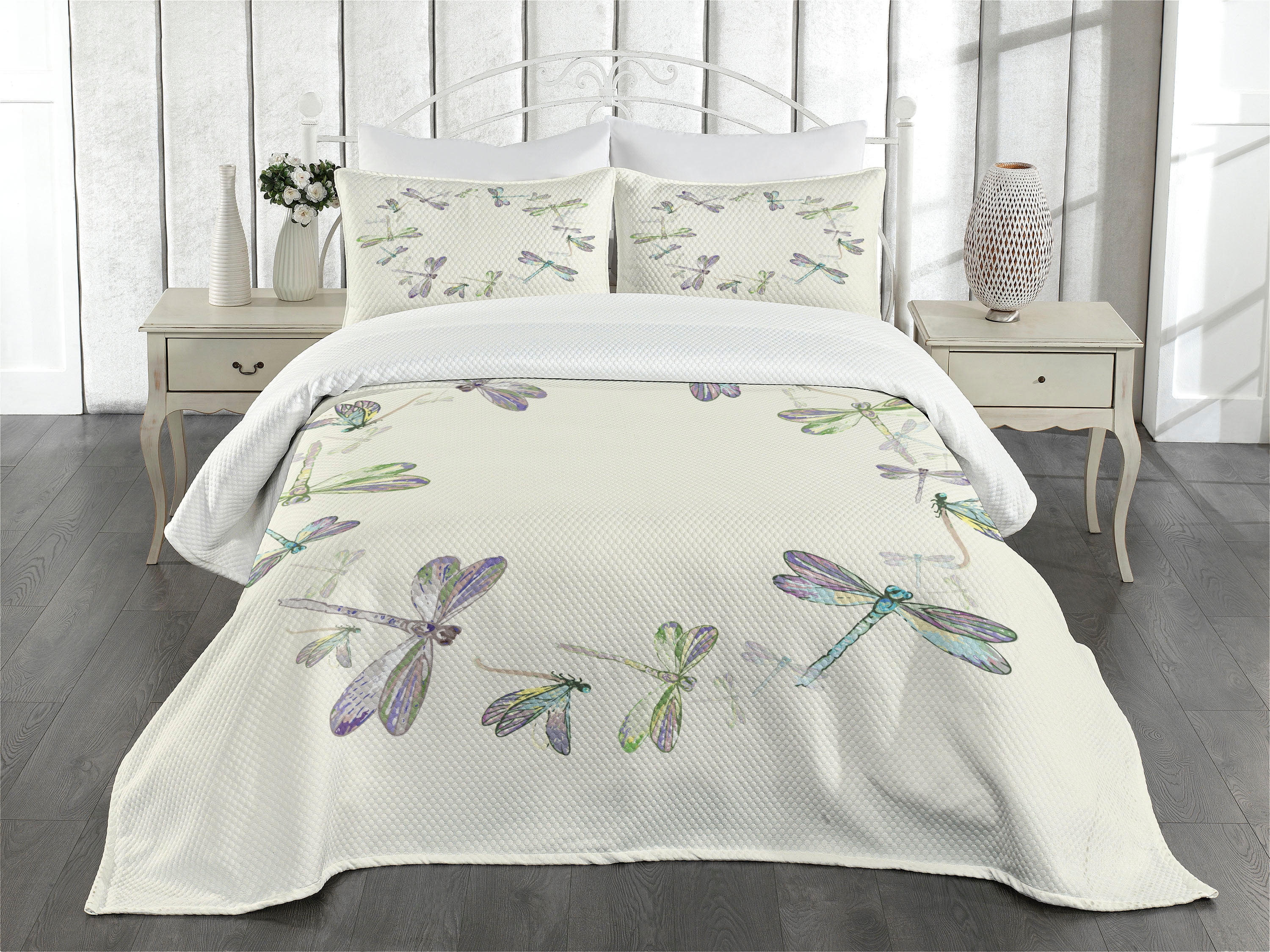 Ambesonne Dragonfly Quilted Bedspread Set 3 Pcs, Forest Animals Circle ...