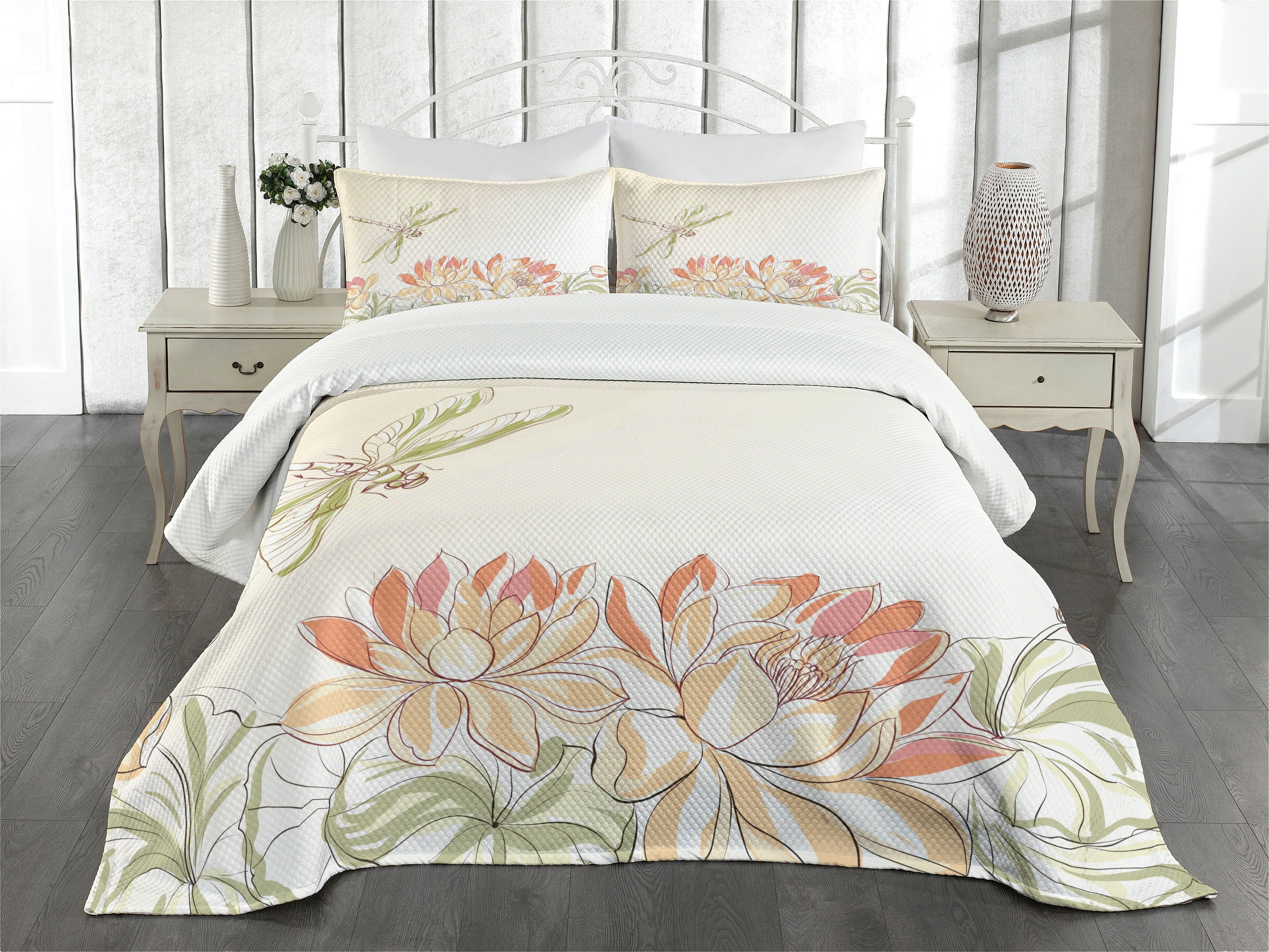 Ambesonne Dragonfly Quilted Bedspread Set 3 Pcs, Lotus Flower Field ...