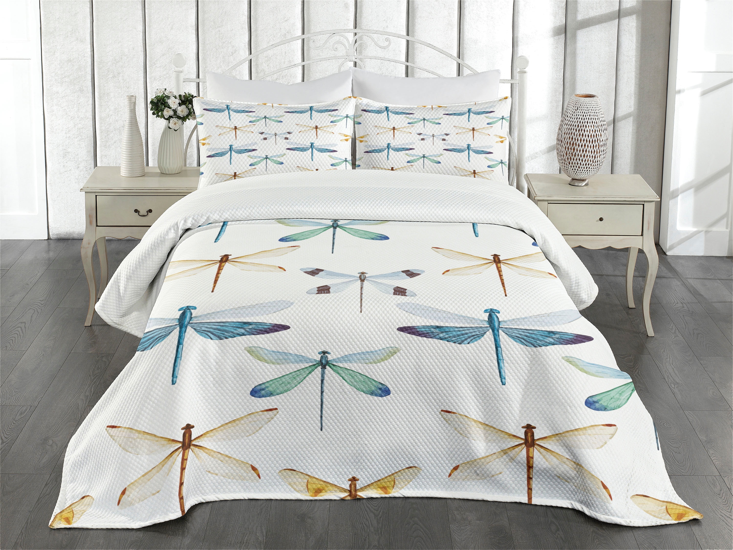 Ambesonne Dragonfly Quilted Bedspread Set 3 Pcs, Regular Lines Insects ...