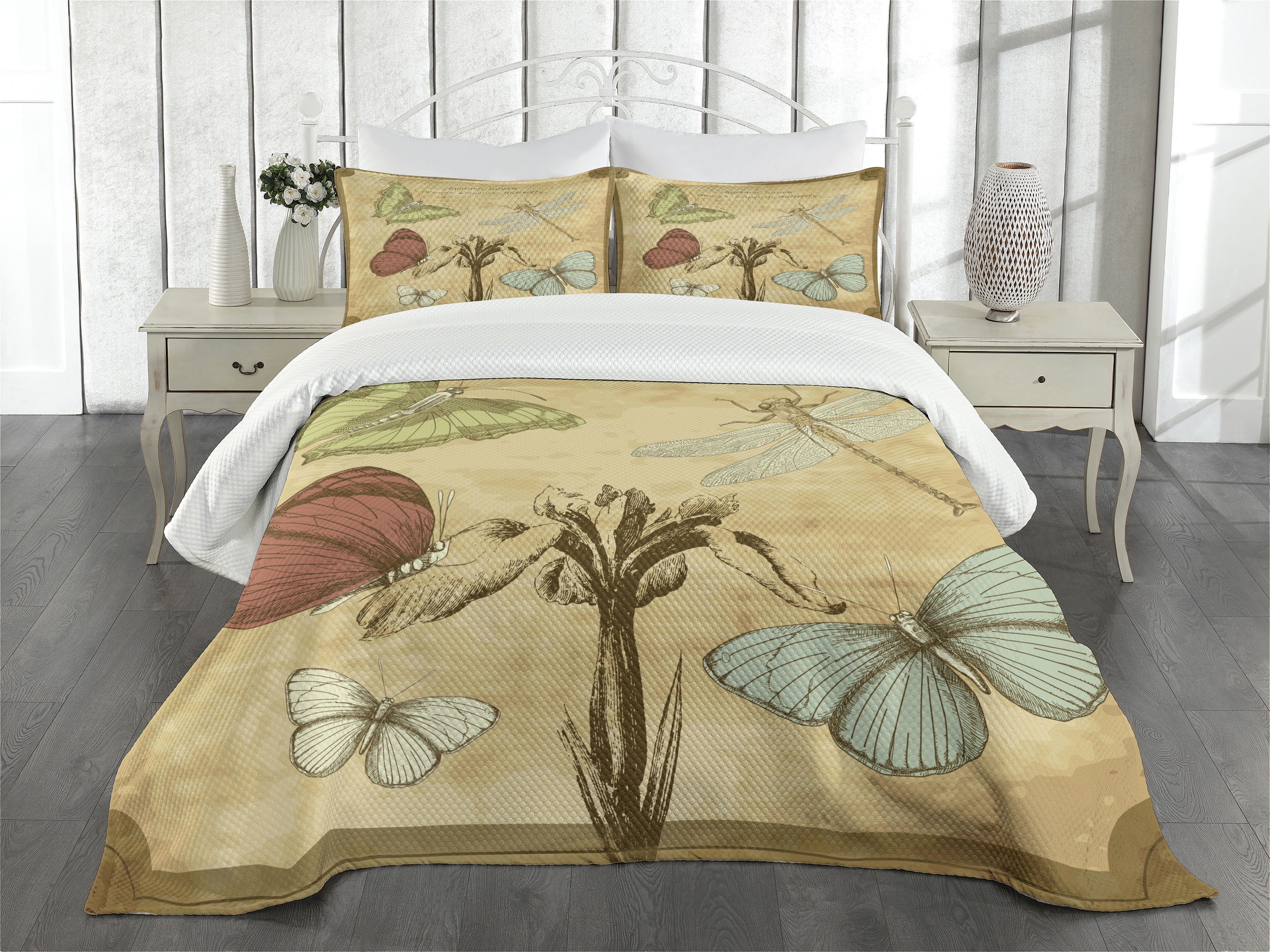 Ambesonne Dragonfly Quilted Bedspread Set 3 Pcs, Retro Butterflies Art ...