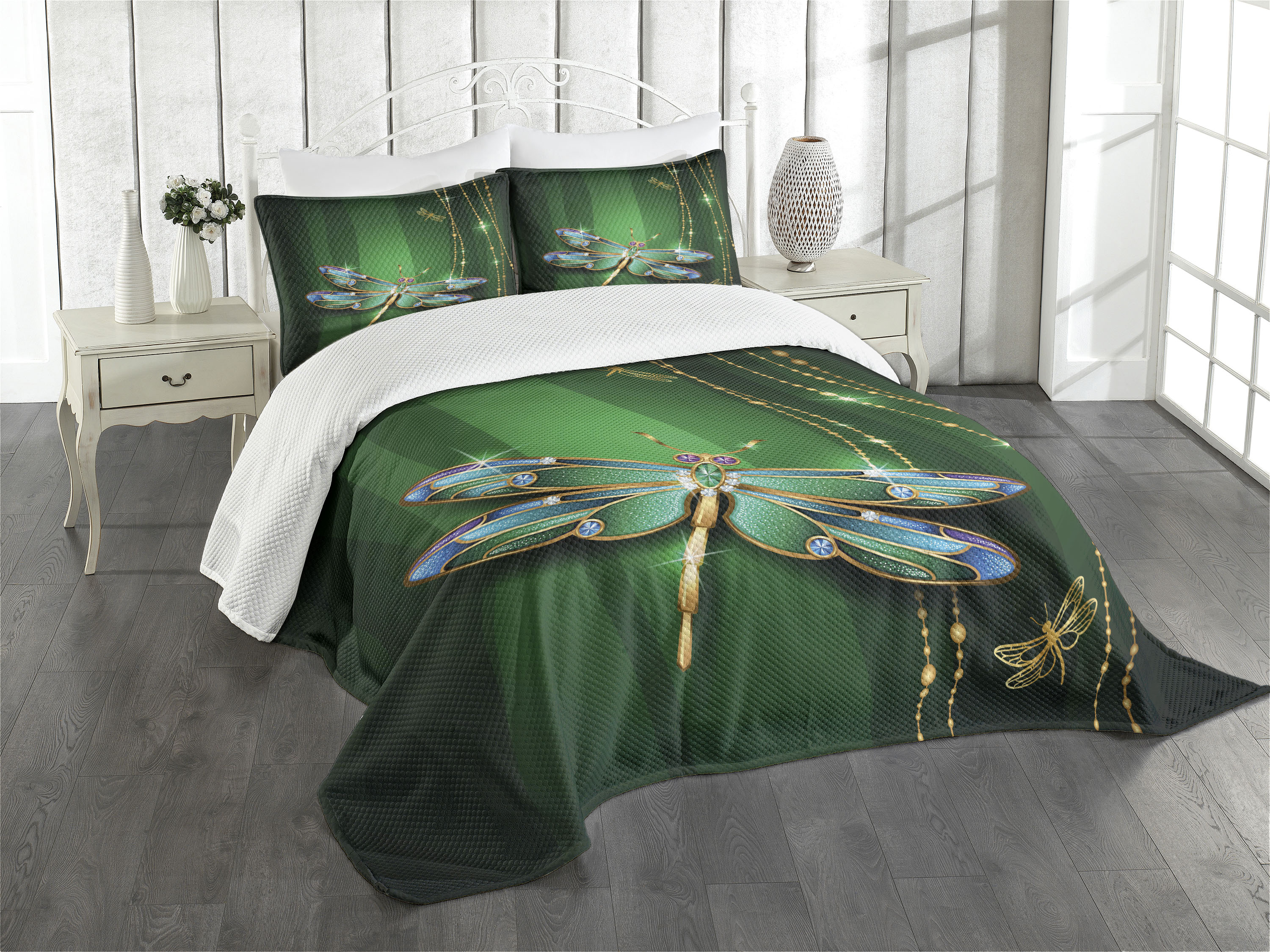 Ambesonne Dragonfly Quilted Bedspread Set 3 Pcs, Vivid Gemstone, Queen ...