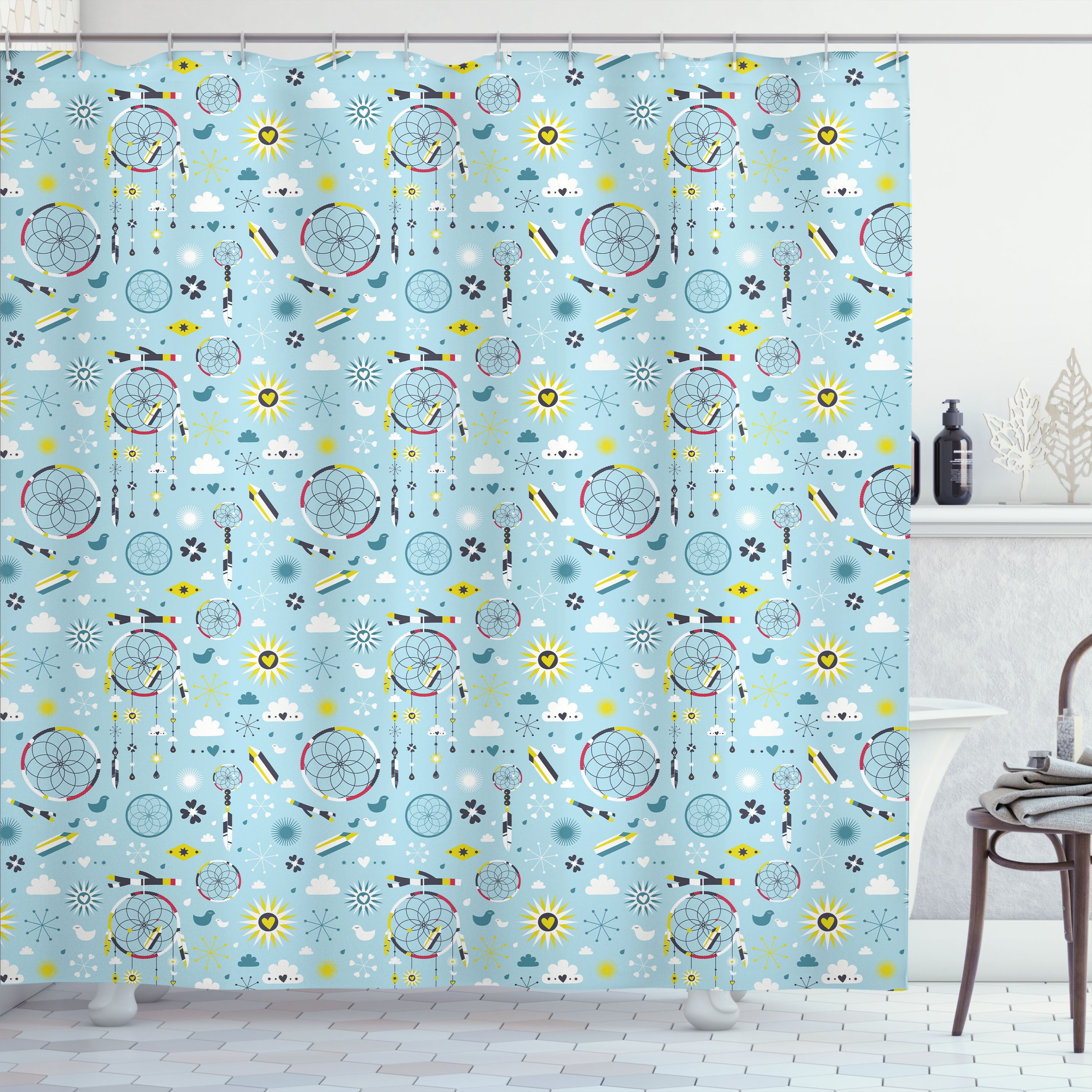 Ambesonne Dreamcatcher Shower Curtain, Cartoon Clouds Hearts, 69"Wx75"L ...