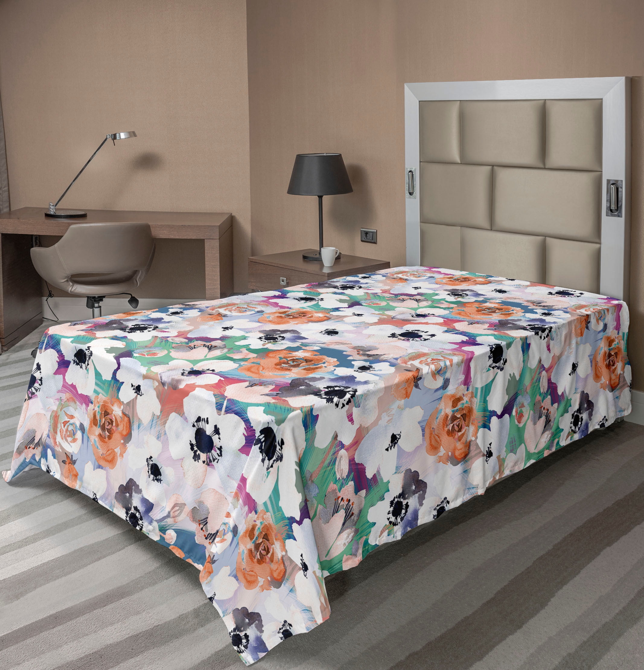Ambesonne Dreamy Floral Flat Bedding Sheet Soft Top Sheet, Aquarelle Anemones, Twin, Burnt ...