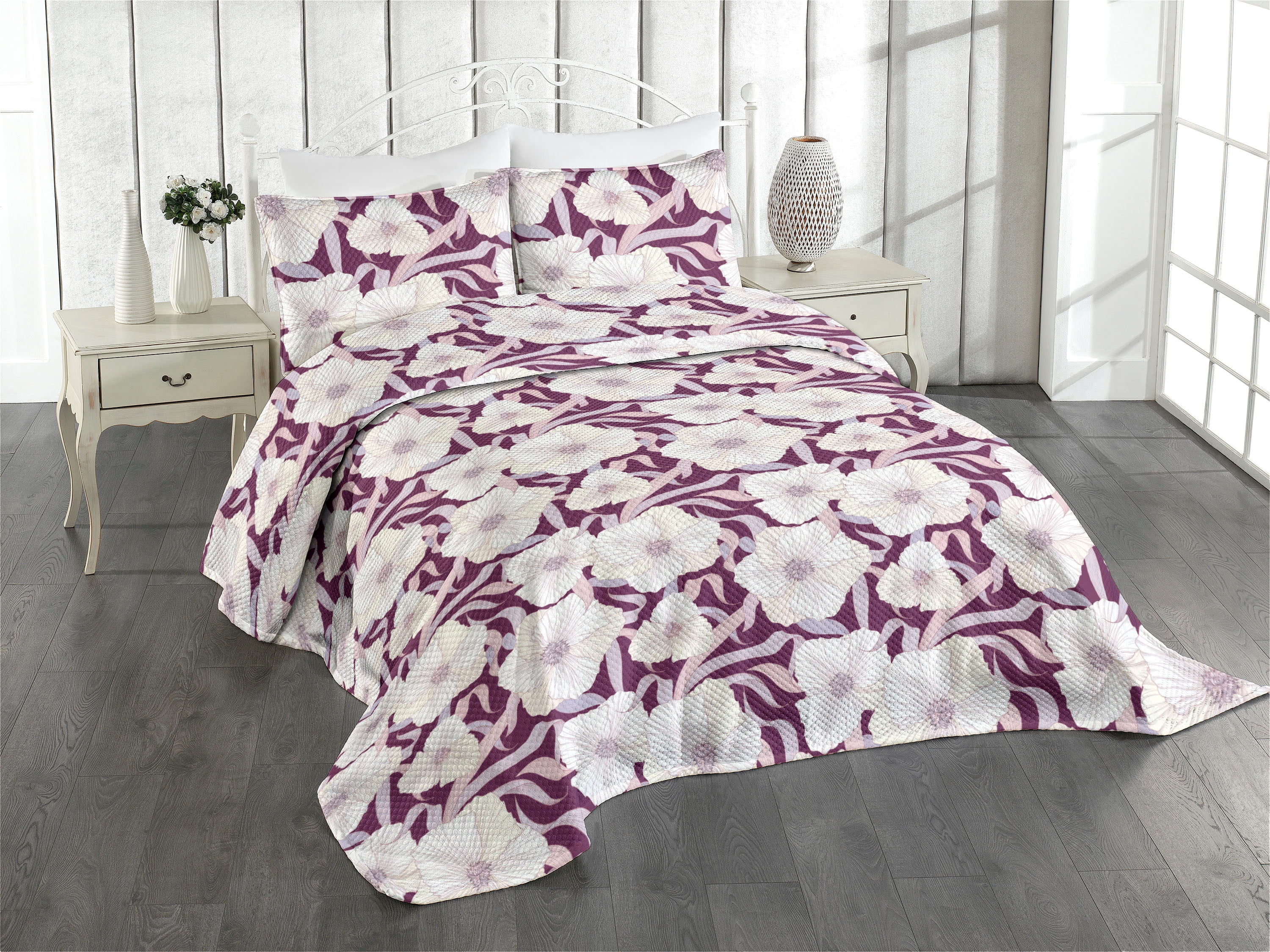 Ambesonne Dreamy Floral Quilted Coverlet 2 Pcs, Flowers Jumble Leaves ...