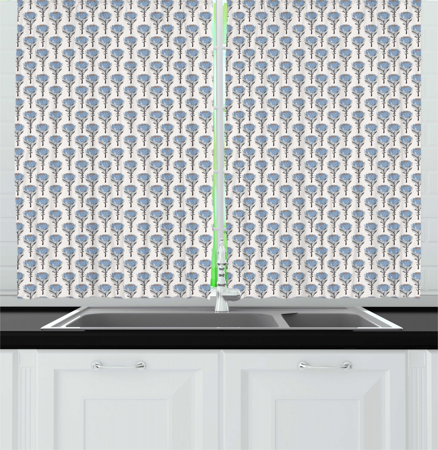 Ambesonne Dusty Blue Kitchen Curtains, Protea Flowers Pattern, 55"x39 ...