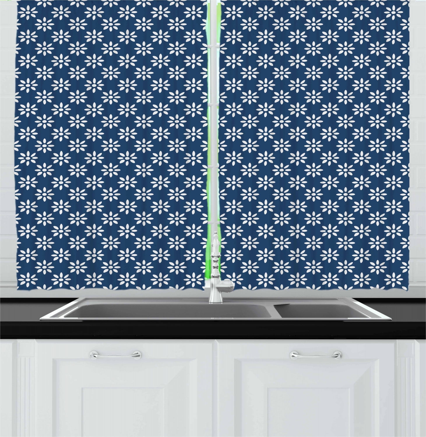Ambesonne Dutch Kitchen Curtains, Classic Delft Flowers, 55"x39", Navy ...