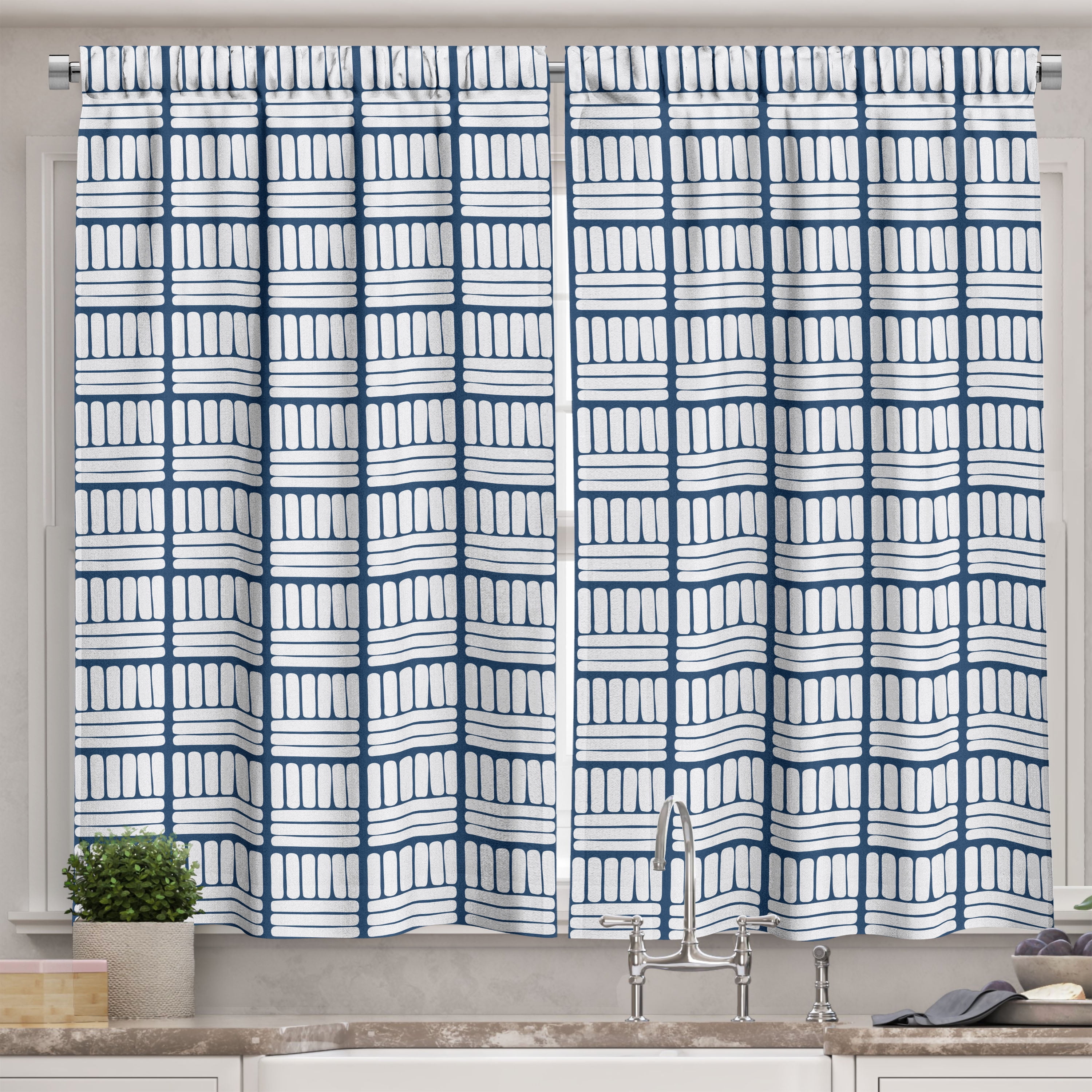 Ambesonne Dutch Kitchen Curtains, Hand Drawn Delft Stripes, 55"x45 ...