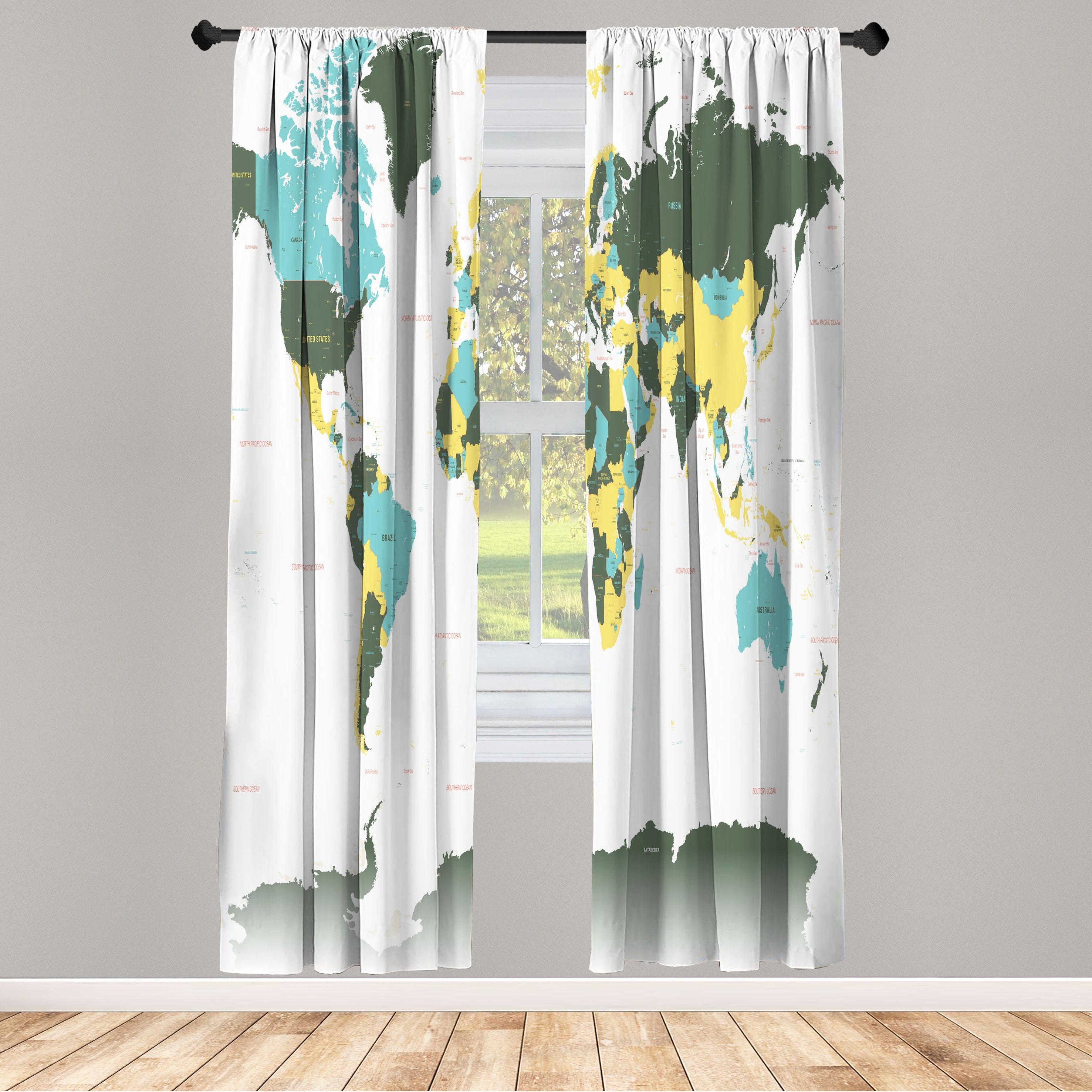 Ambesonne Earth Curtains, World Map Print Capital City, Pair of 28"x63 ...