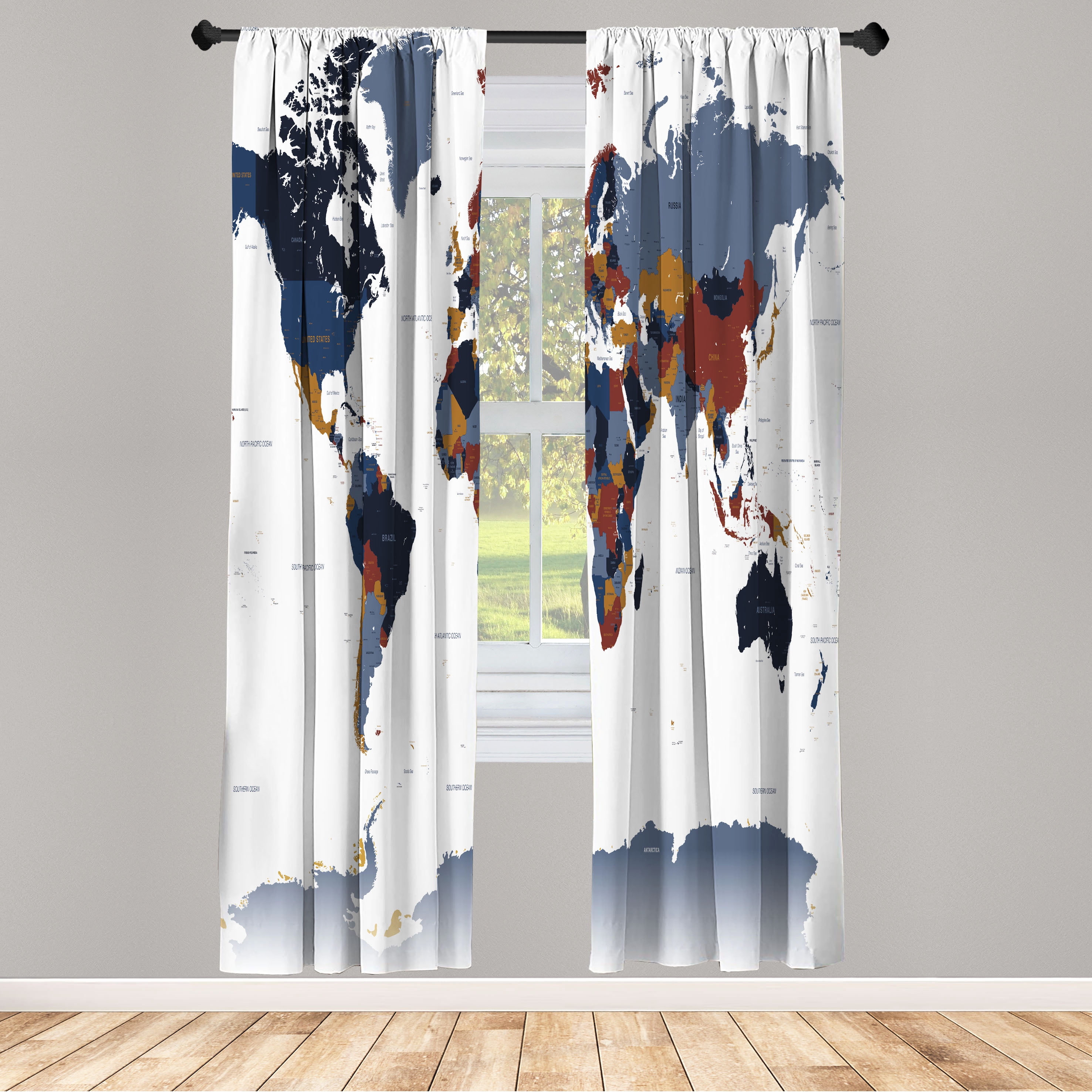 Ambesonne Earth Curtains, World Map Print Capital City, Pair of 28"x63 ...