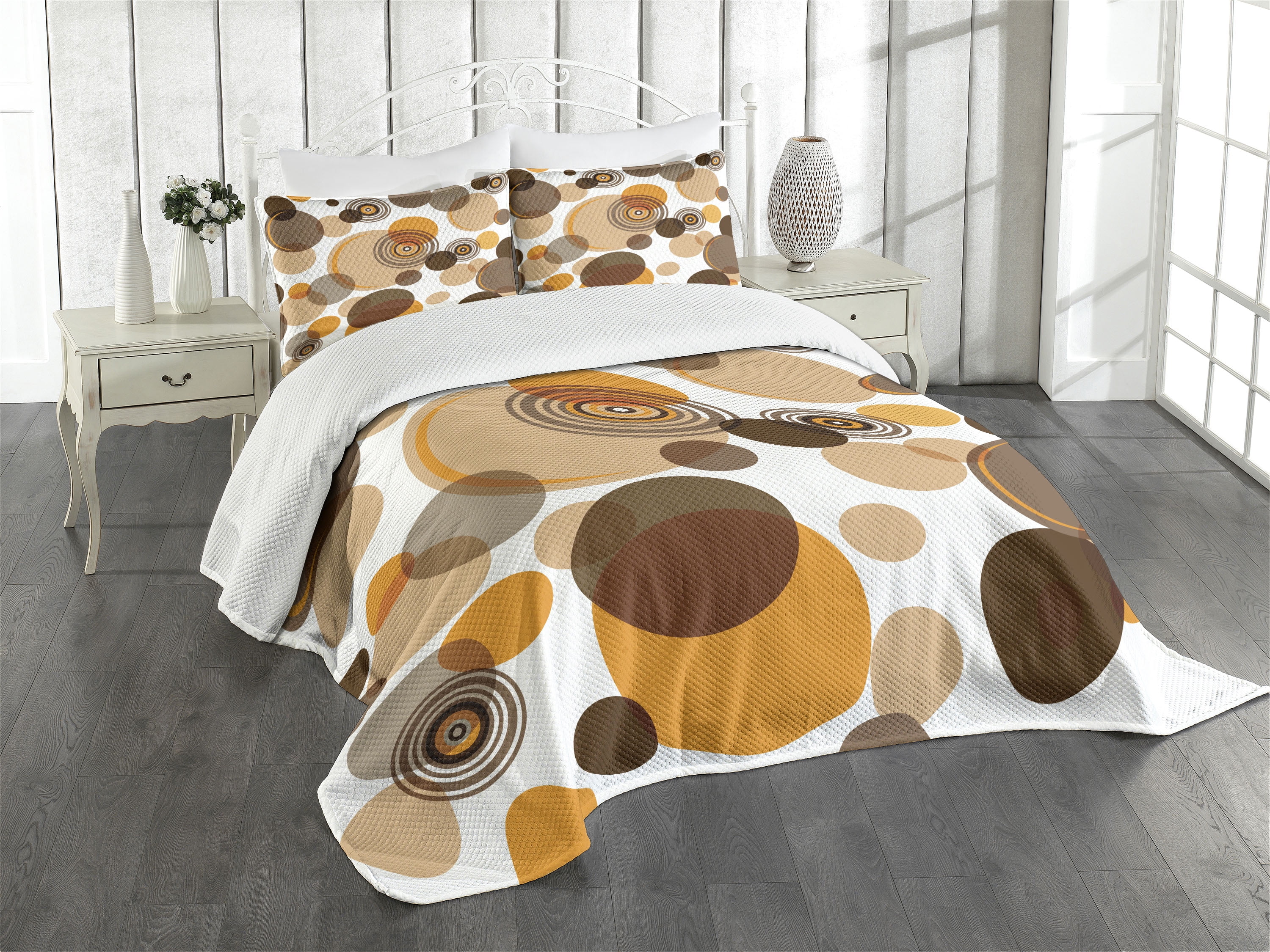 Ambesonne Earth Tones Quilted Bedspread Set 2 Pcs, Chaotic Spots Rings, Twin Size, Orange Brown ...