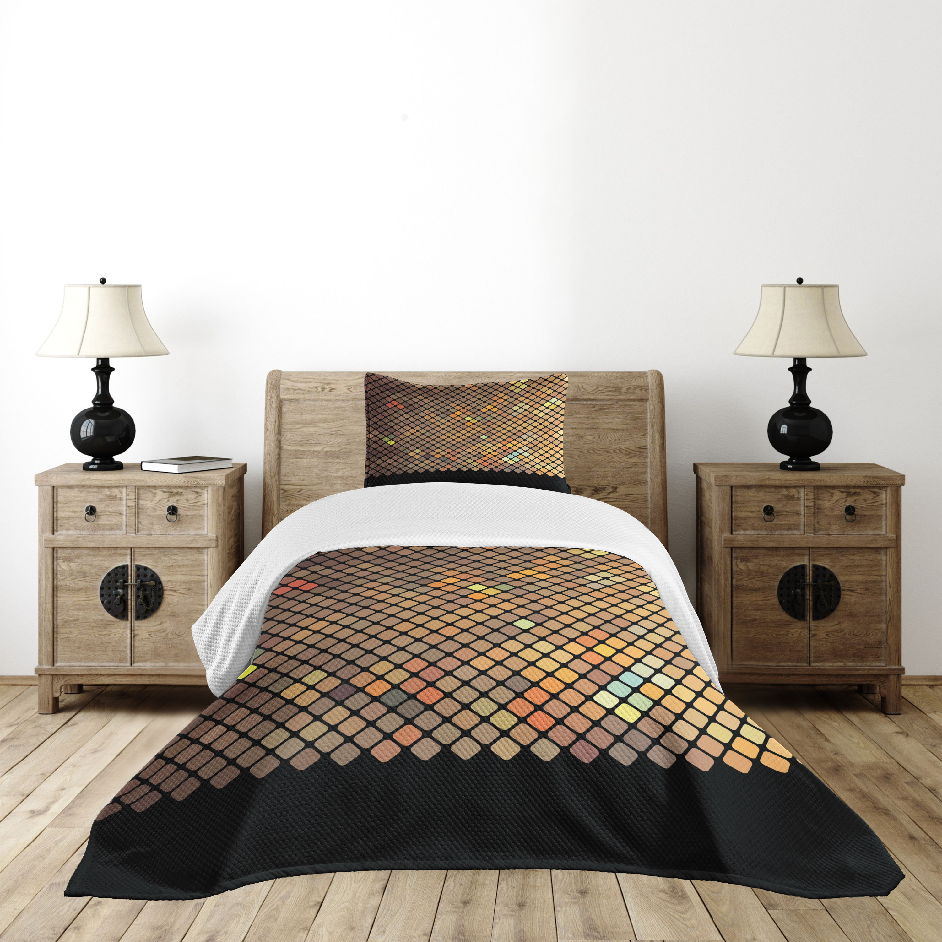 Ambesonne Earth Tones Quilted Bedspread Set 2 Pcs, Mosaic of Squares ...