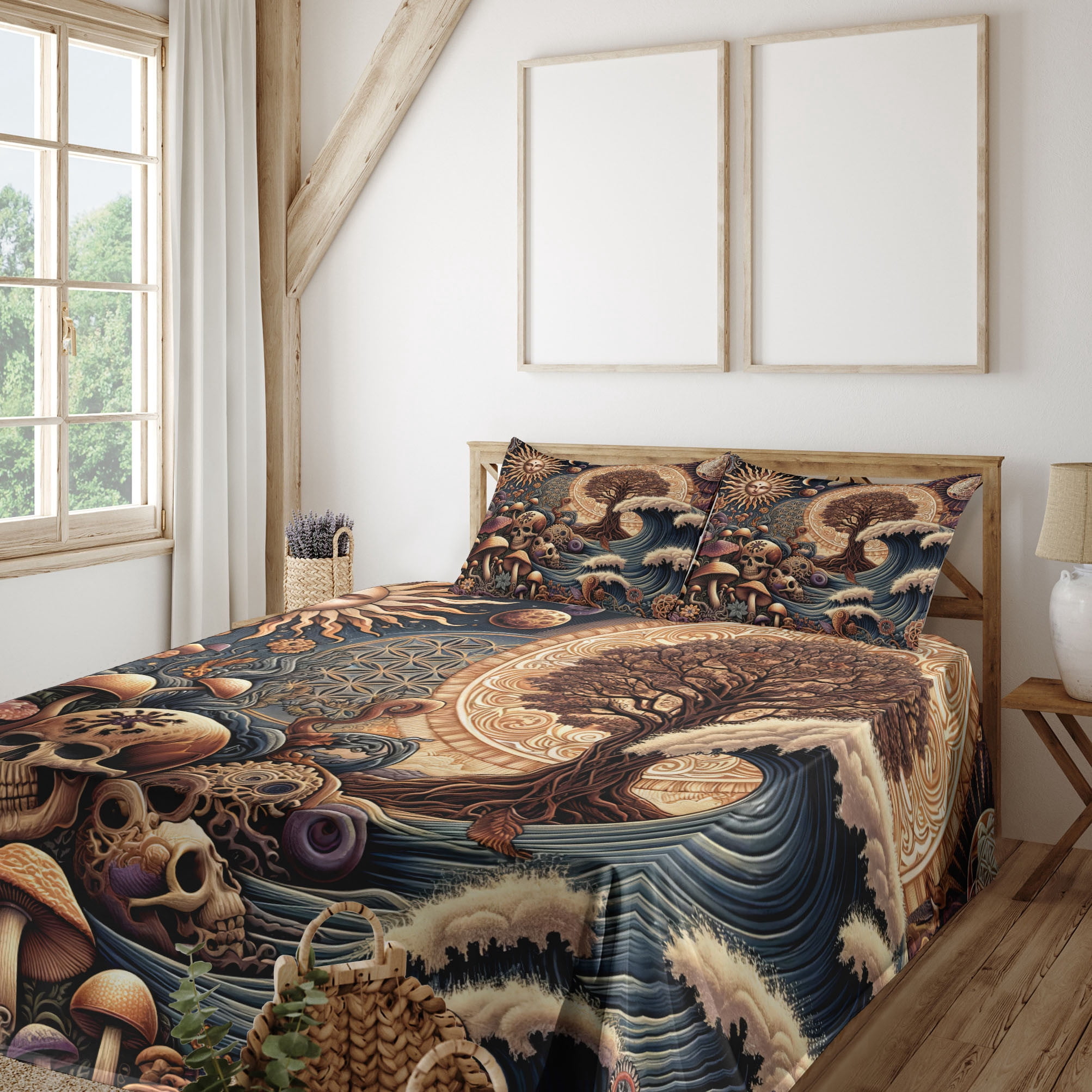 Ambesonne Earthy Boho Fitted & Top Sheet Set with Shams, Gothic Woods ...