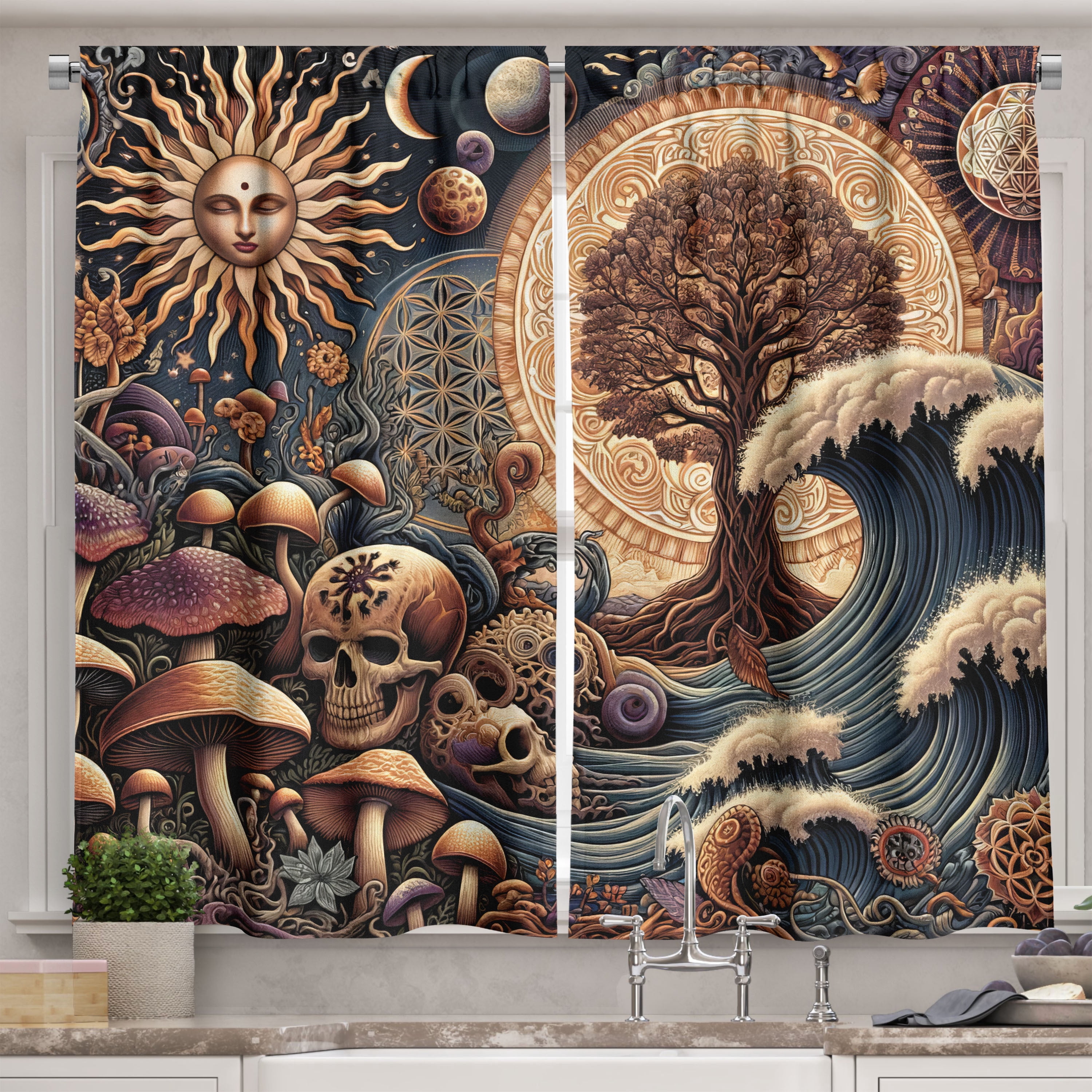 Ambesonne Earthy Boho Kitchen Curtains, Gothic Woods Waves Sun, 55"x45 ...
