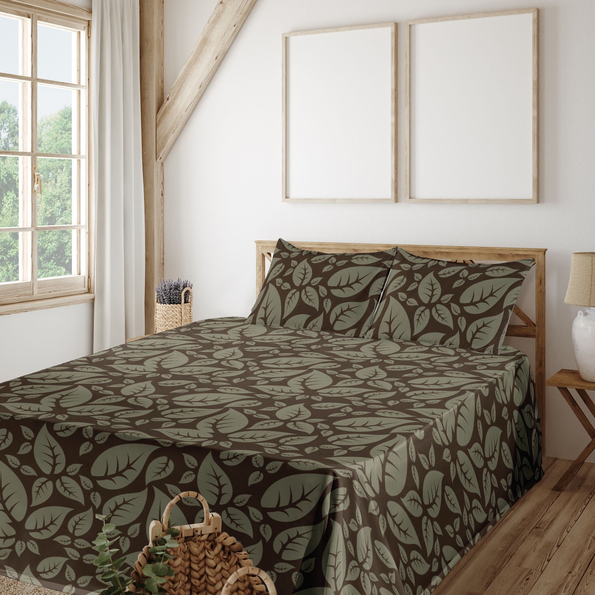 Ambesonne Earthy Leaves Fitted & Flat Sheet with Sham 3 Pcs Set ...