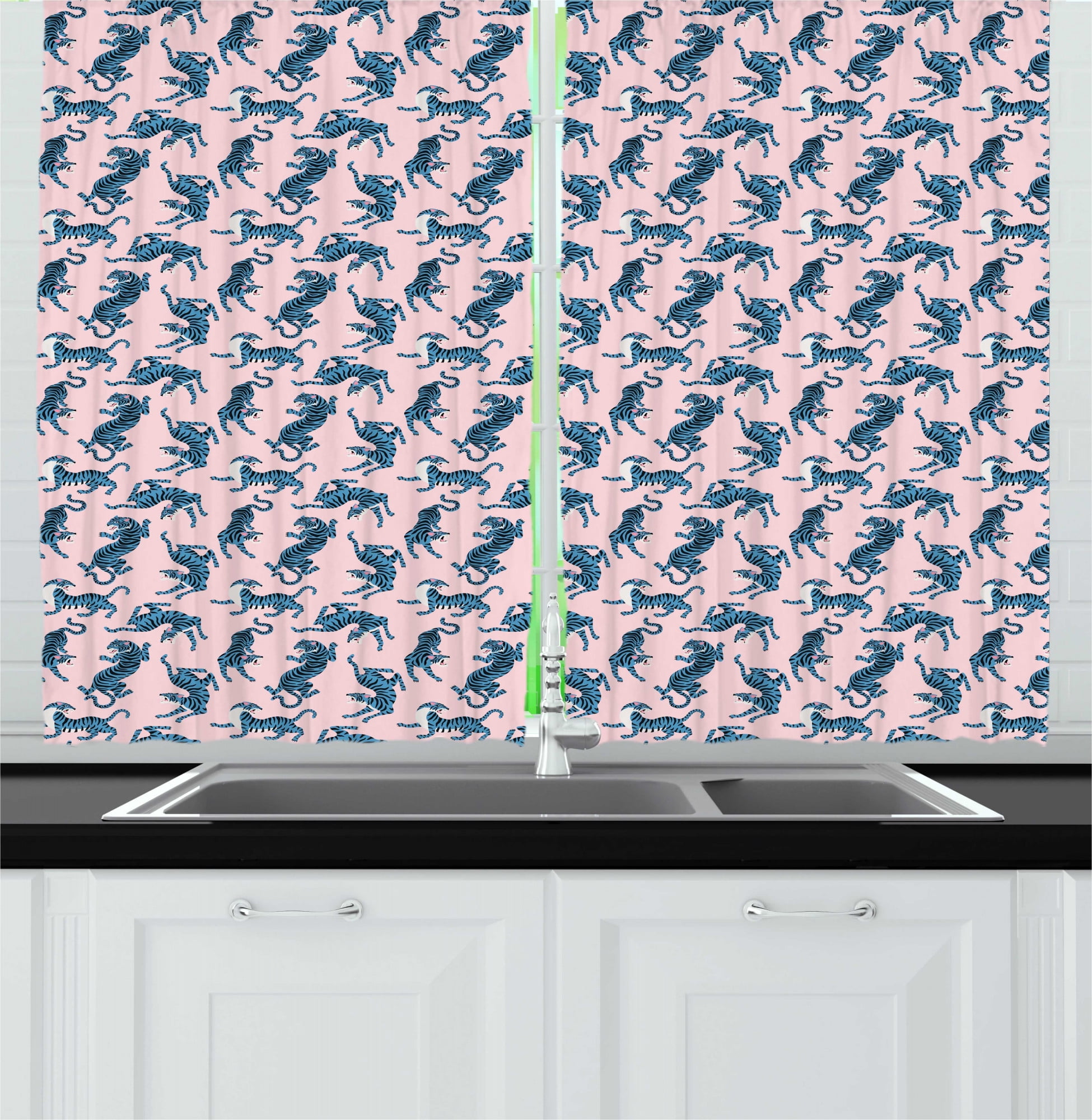 Ambesonne East Kitchen Curtains, Blue Toned Tiger on Pastel, 55"x45 ...