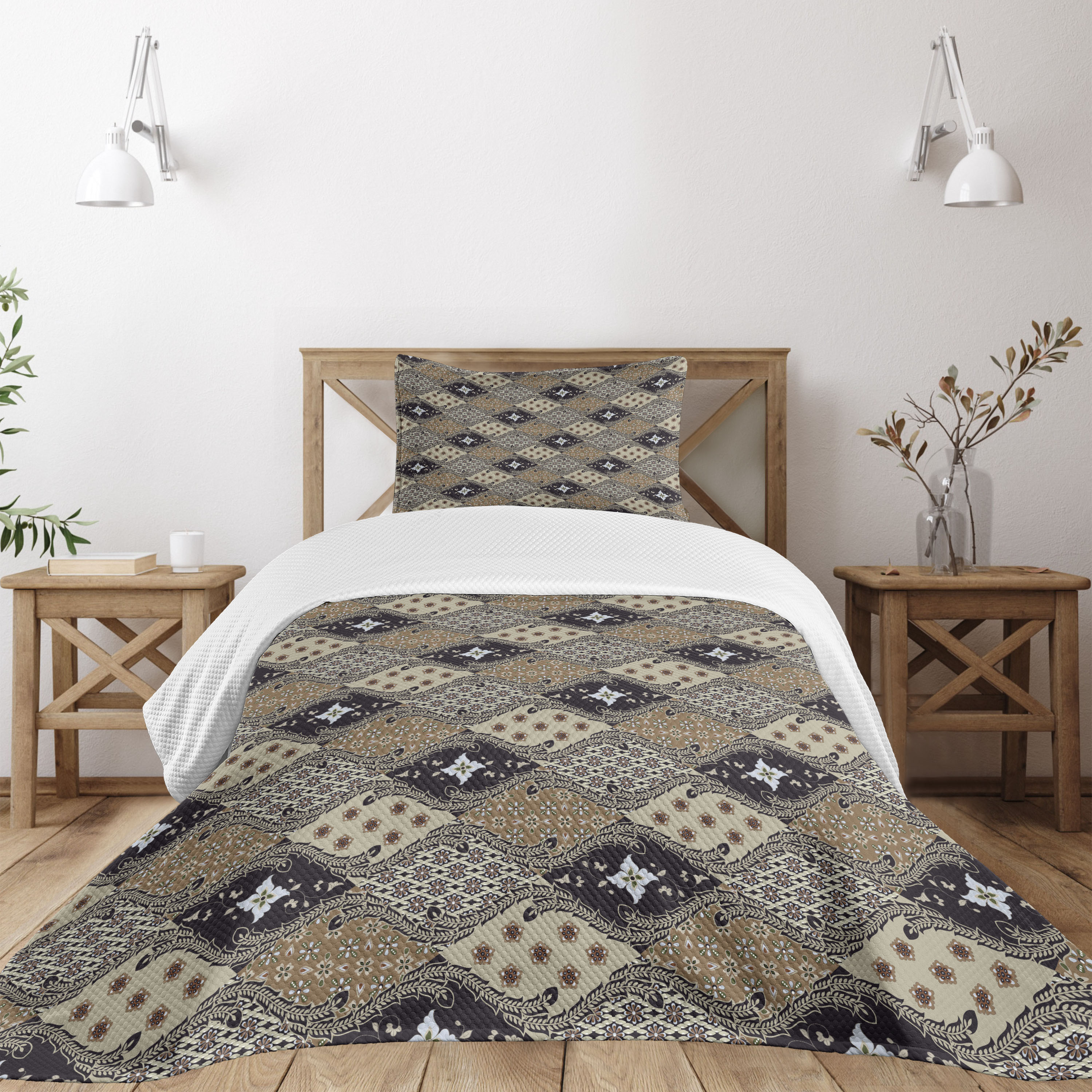 Ambesonne East Quilted Bedspread Set 2 Pcs, Old Fashioned Batik Pattern, Twin Size, Tan Black ...