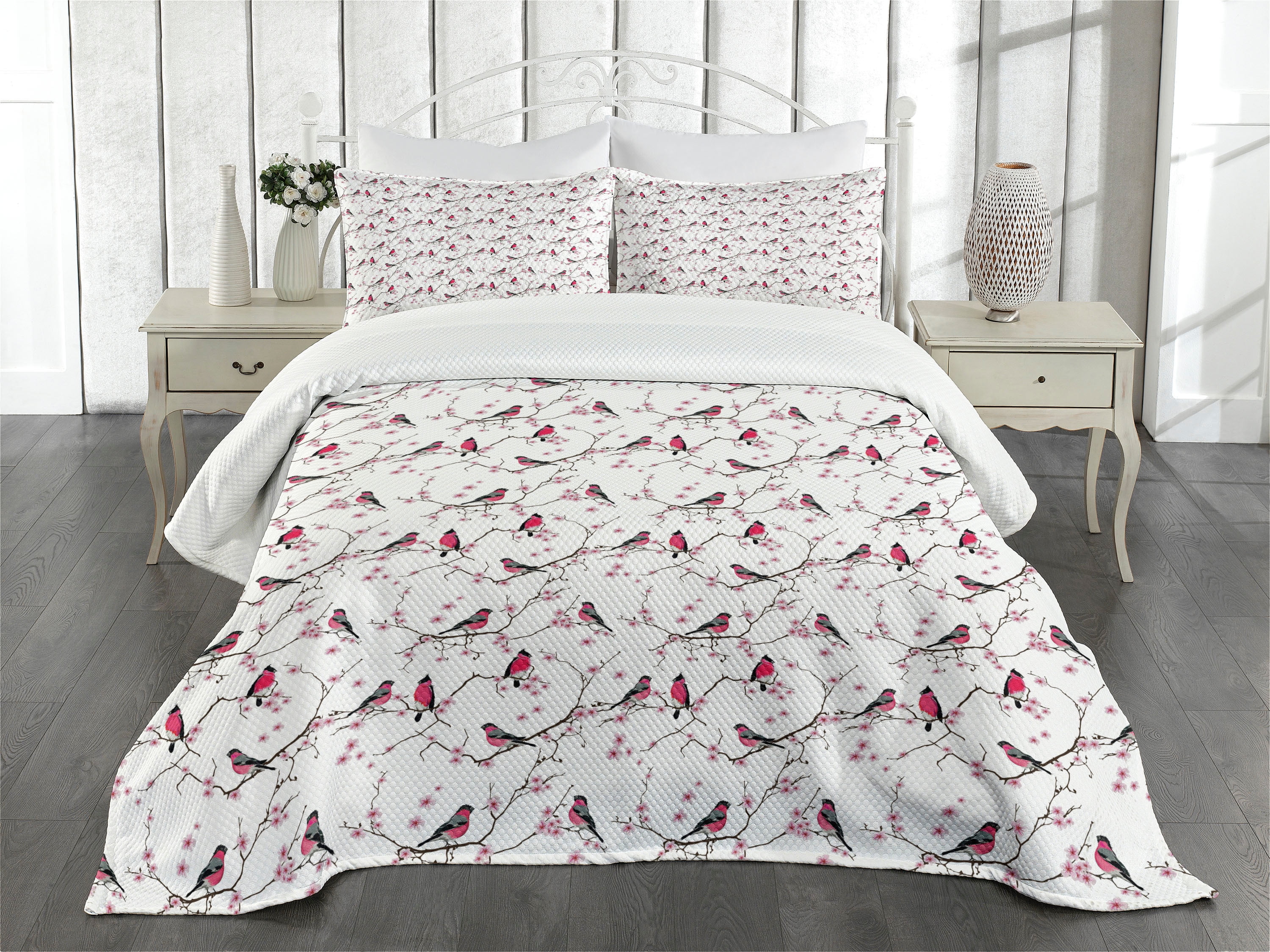 Ambesonne East Quilted Bedspread Set 3 Pcs, Bullfinch Birds Sakura ...