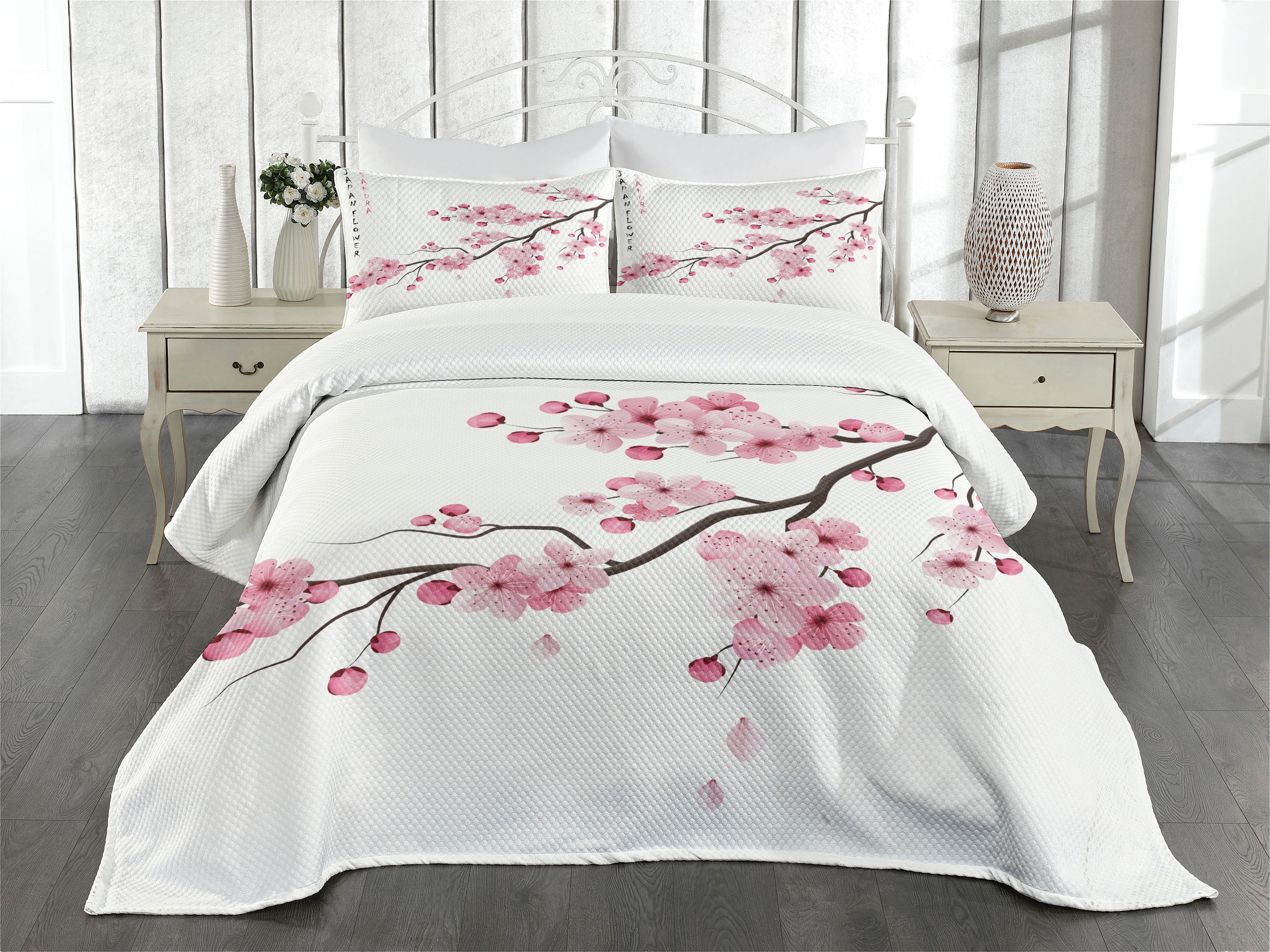 Ambesonne East Quilted Bedspread Set 3 Pcs, Japanese Cherry Branch ...