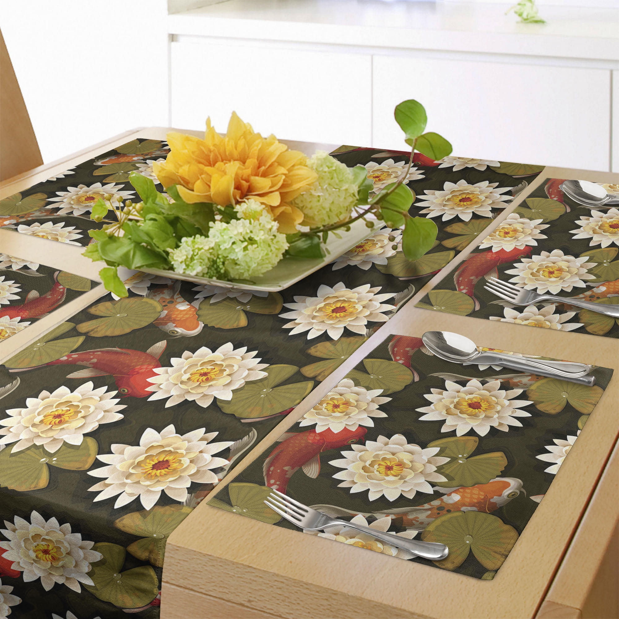 Ambesonne East Table Runner & Placemats, Japan Inspired Lotus Koi ...