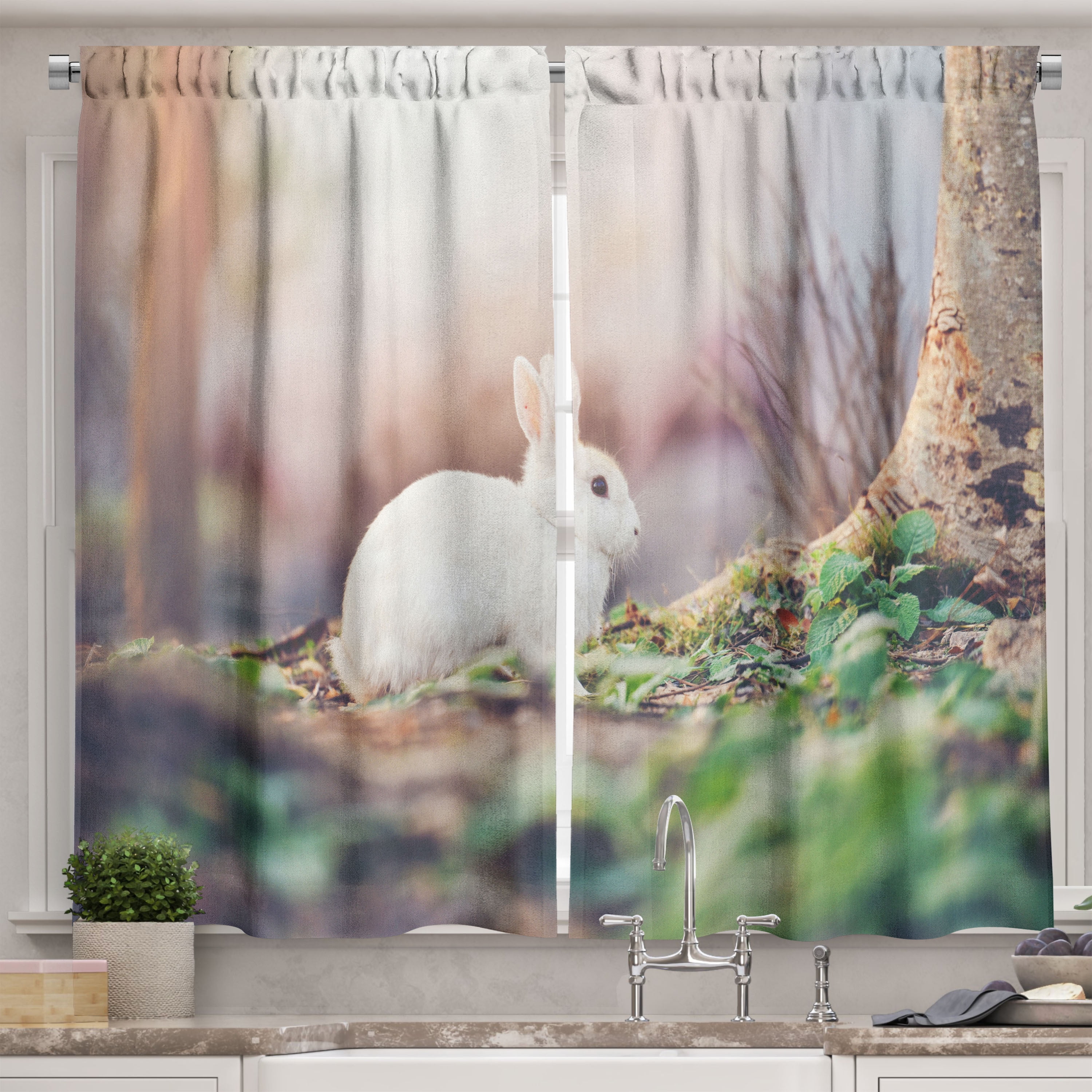 Ambesonne Easter Bunny Kitchen Curtains, Spring Rabbit Forest, 55"x39 ...