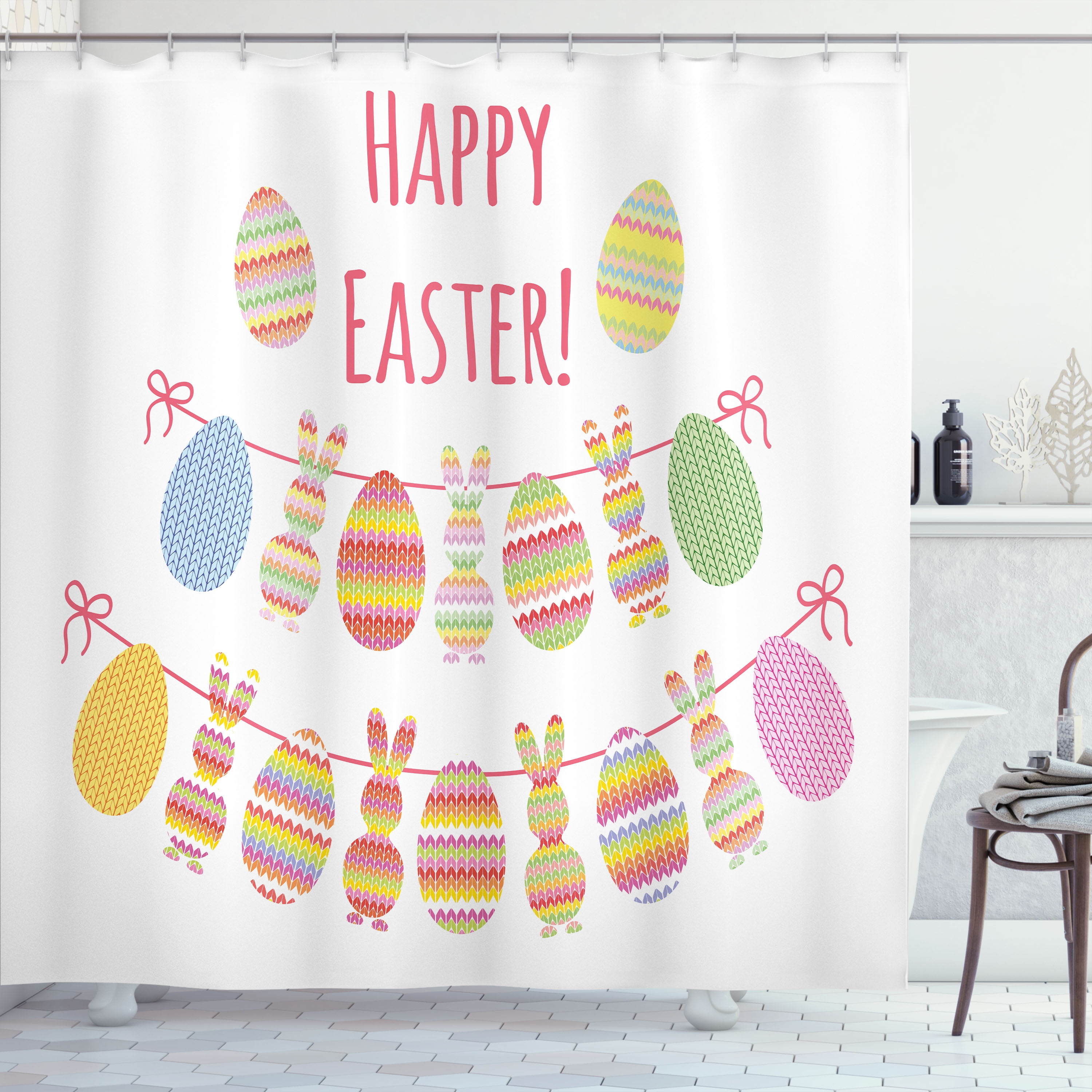 Ambesonne Easter Bunny Shower Curtain, Happy Rabbit Bunting, 69"Wx75"L ...