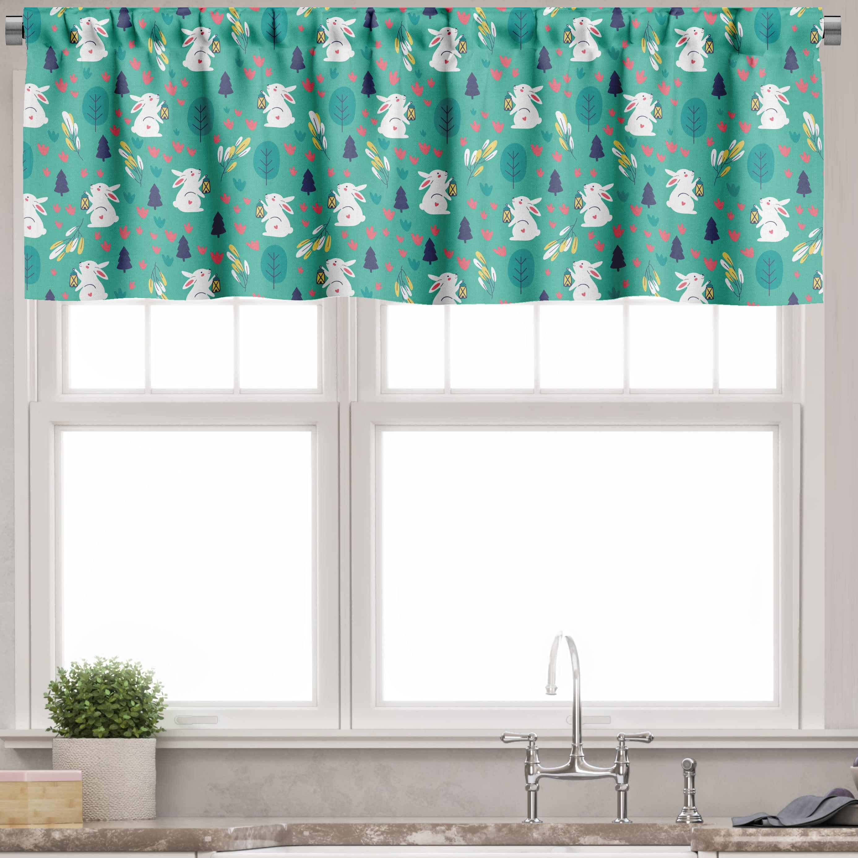Ambesonne Easter Bunny Window Valance, Rabbit Pattern, 54" X 12", Dark ...