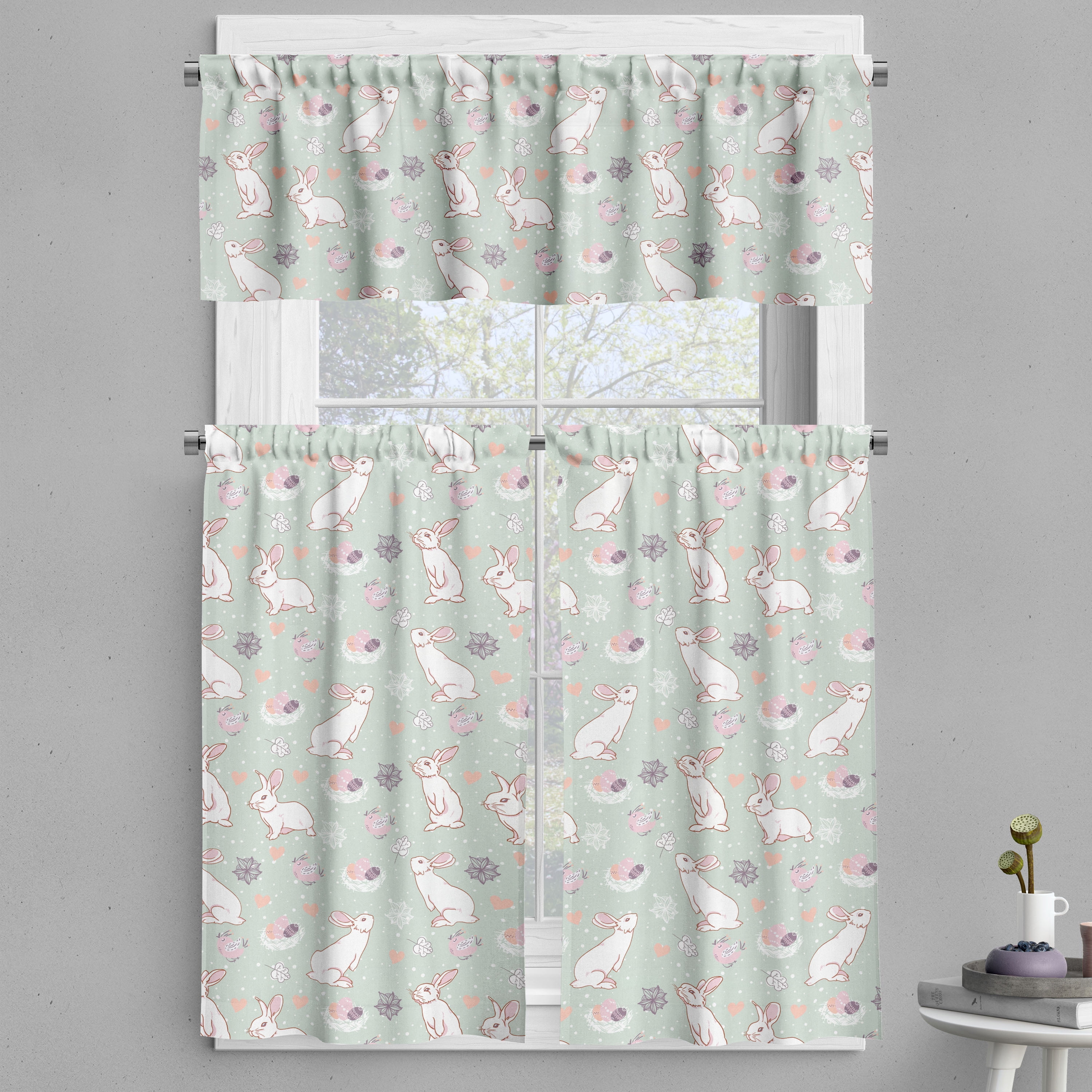 Ambesonne Easter Valance & Curtain, Rabbits Flowers Hearts, 55"x45 ...