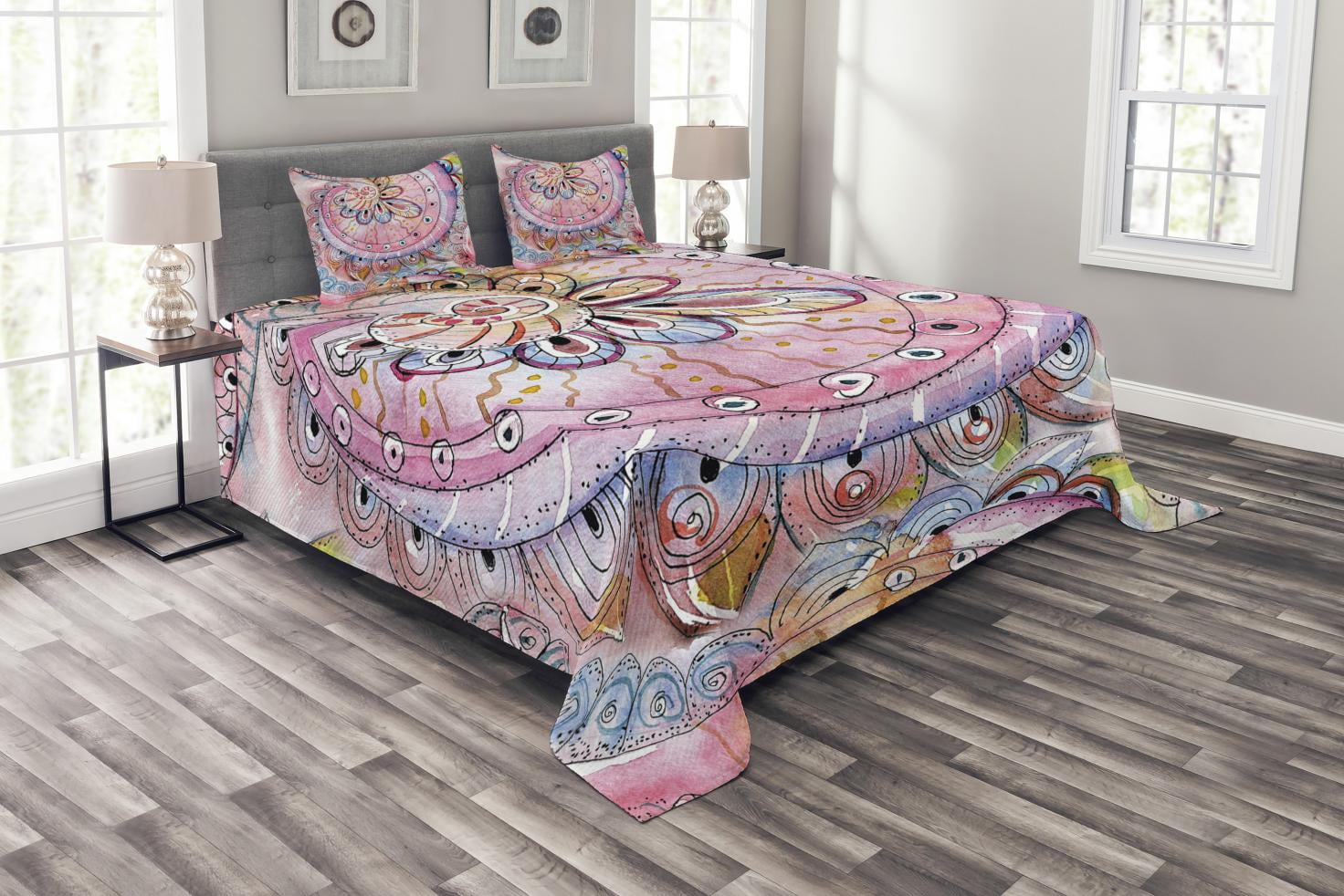 Ambesonne Eastern Quilted Bedspread Set 3 Pcs, Watercolor Effects Art ...
