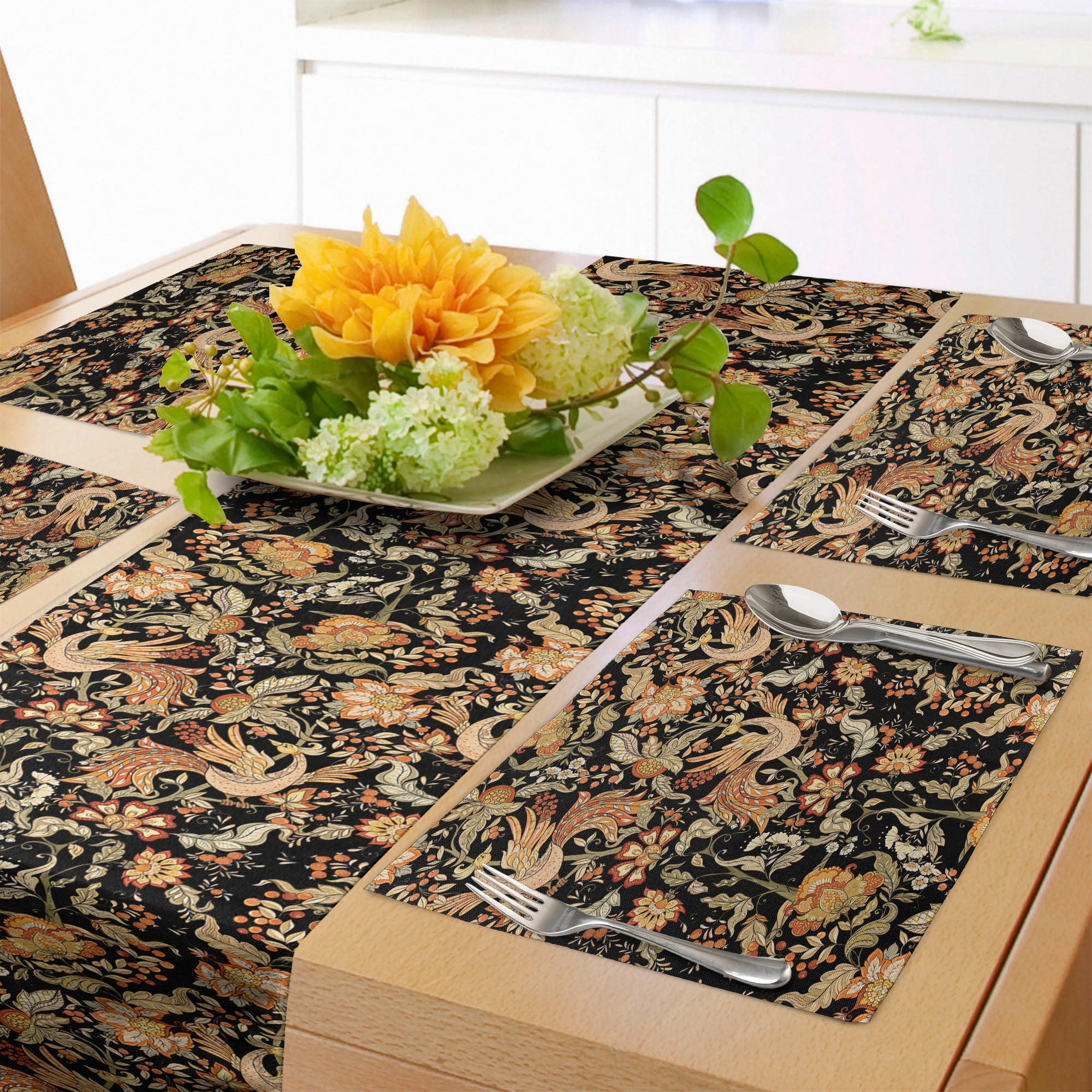 Ambesonne Eastern Table Runner & Placemats, Jacobean Flower Pattern ...