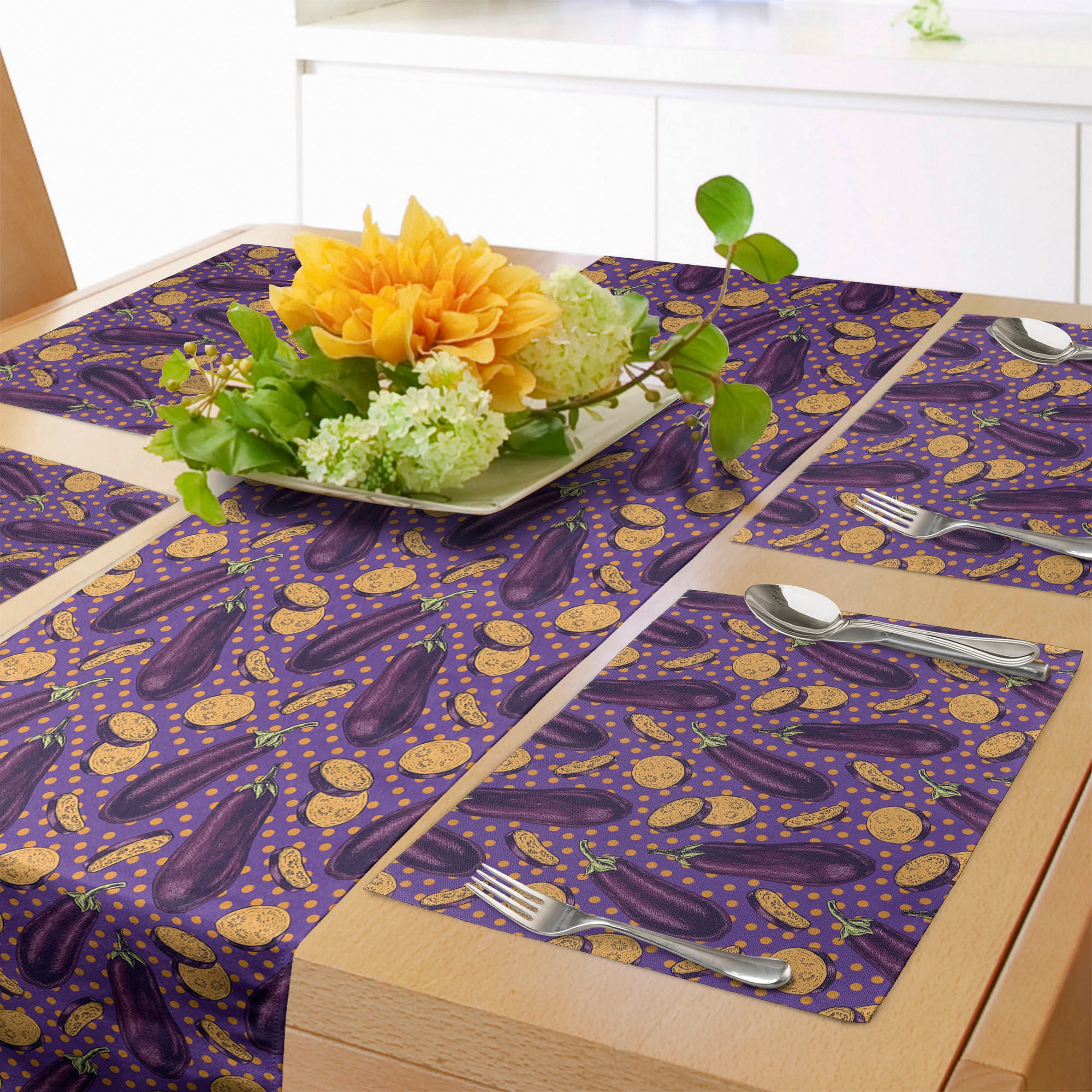 Ambesonne Eggplant Table Runner & Placemats, Retro Realistic Dotted ...