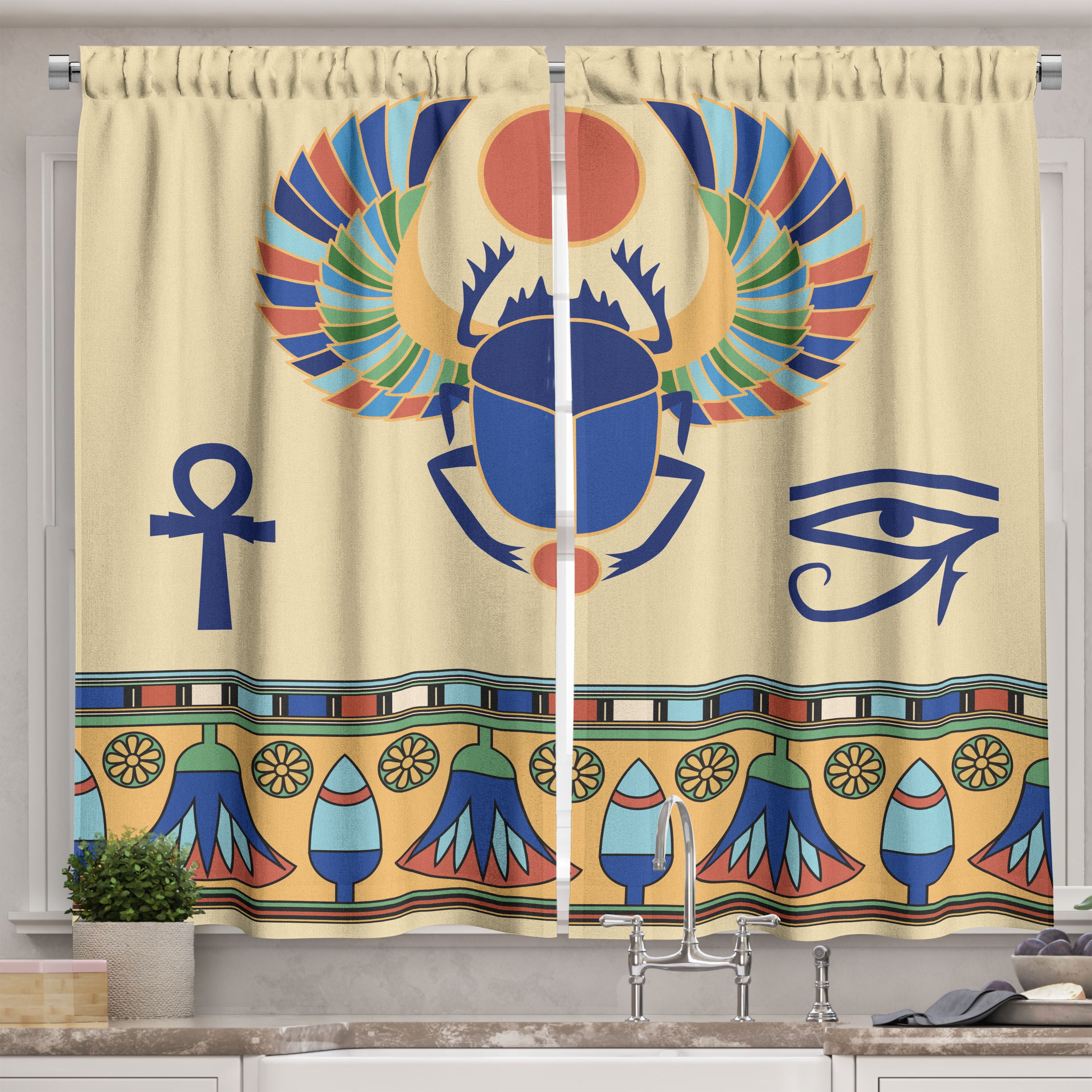 Ambesonne Egyptian Kitchen Curtains, Scarab Eye Motif, 55"x39 ...